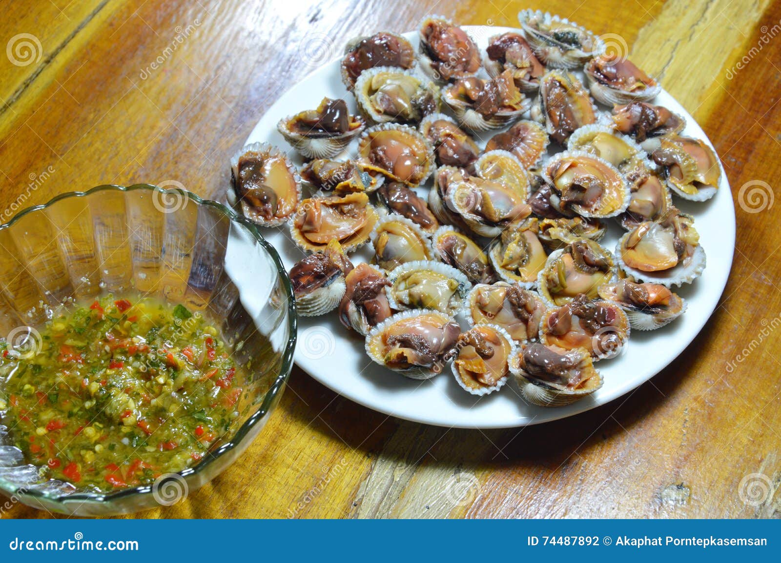 Steamed Cockle with Spicy Dipping Sauce Stock Photo - Image of ...