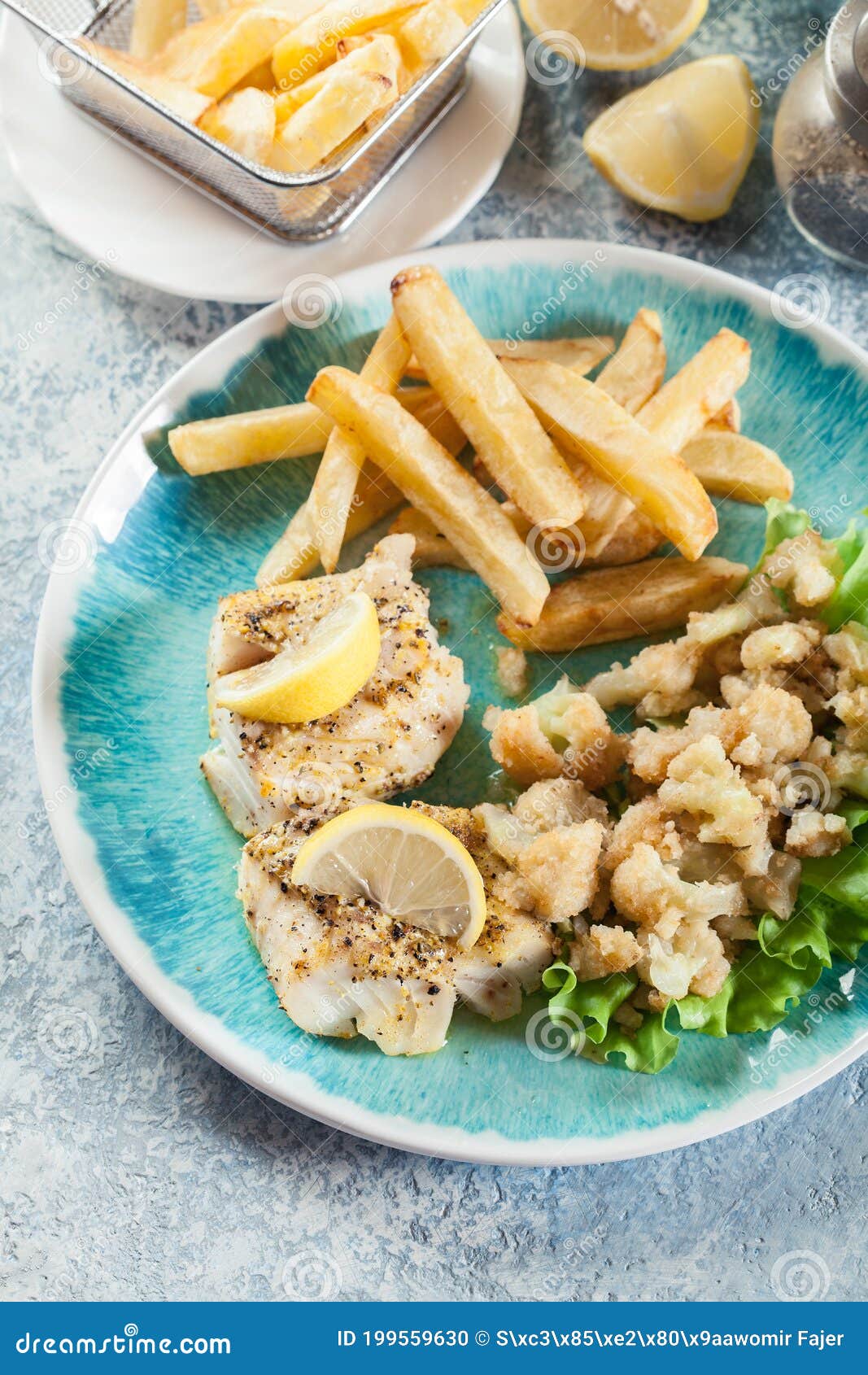 Steamed Cod Fish with French Fries and Boiled Cauliflower Stock Photo ...