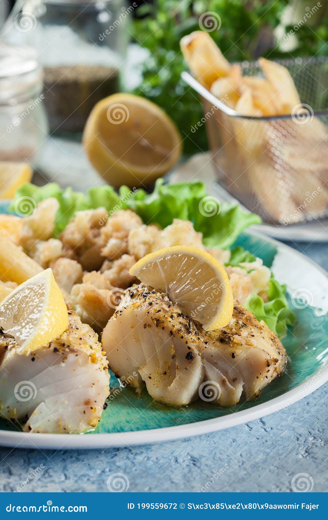 Steamed Cod Fish with French Fries and Boiled Cauliflower Stock Photo ...
