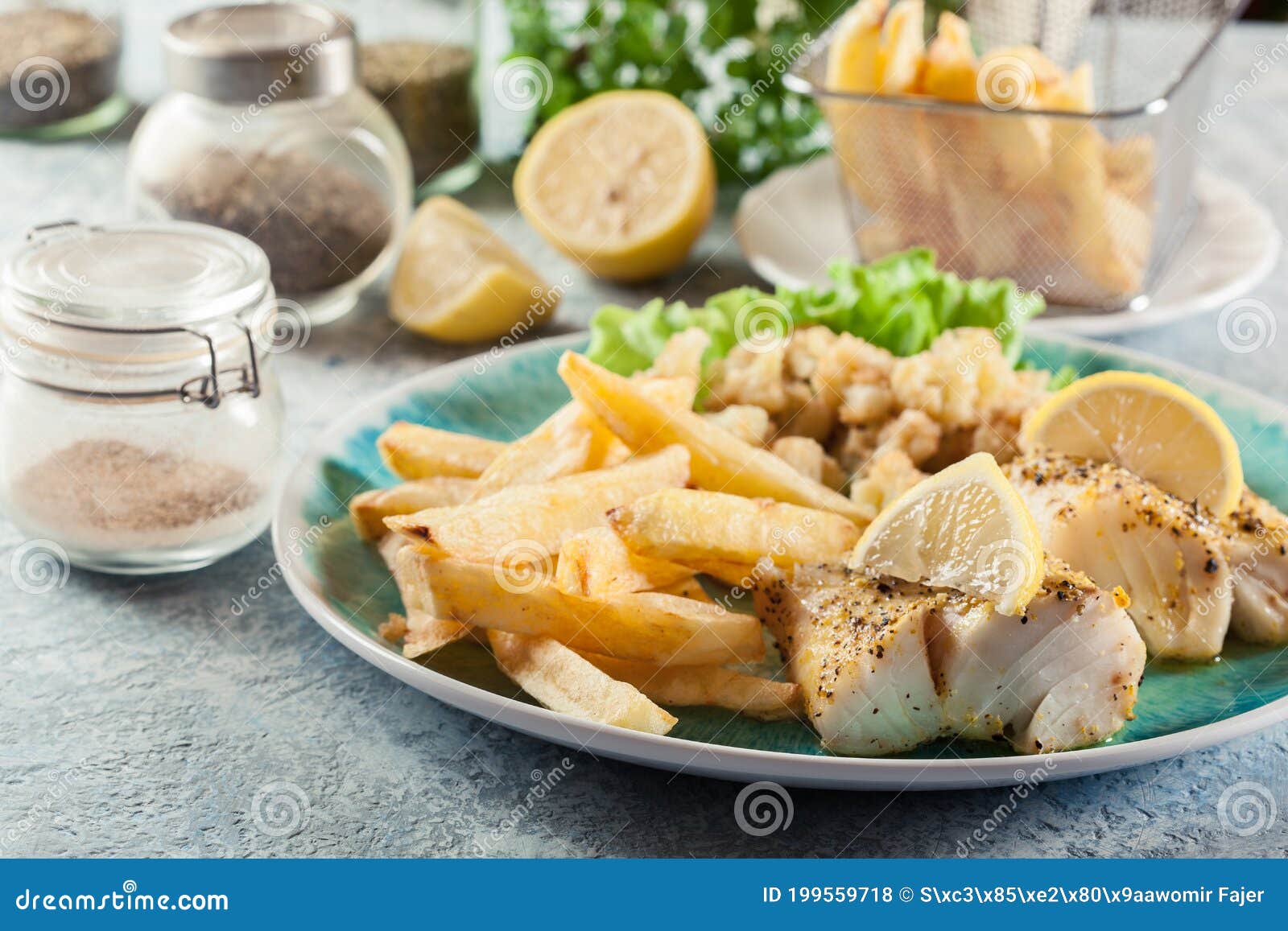 Steamed Cod Fish with French Fries and Boiled Cauliflower Stock Photo ...