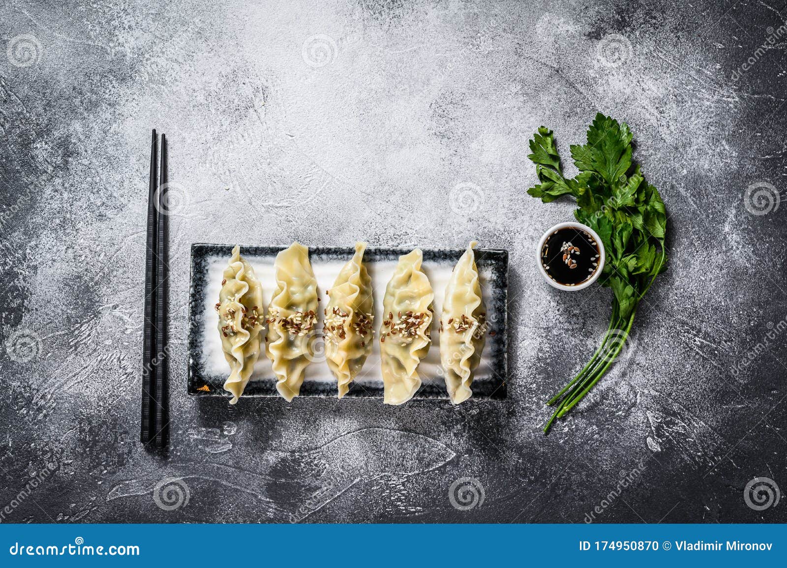 Steamed Dim Sum on a Ceramic Plate. Gray Background. Top View Stock ...