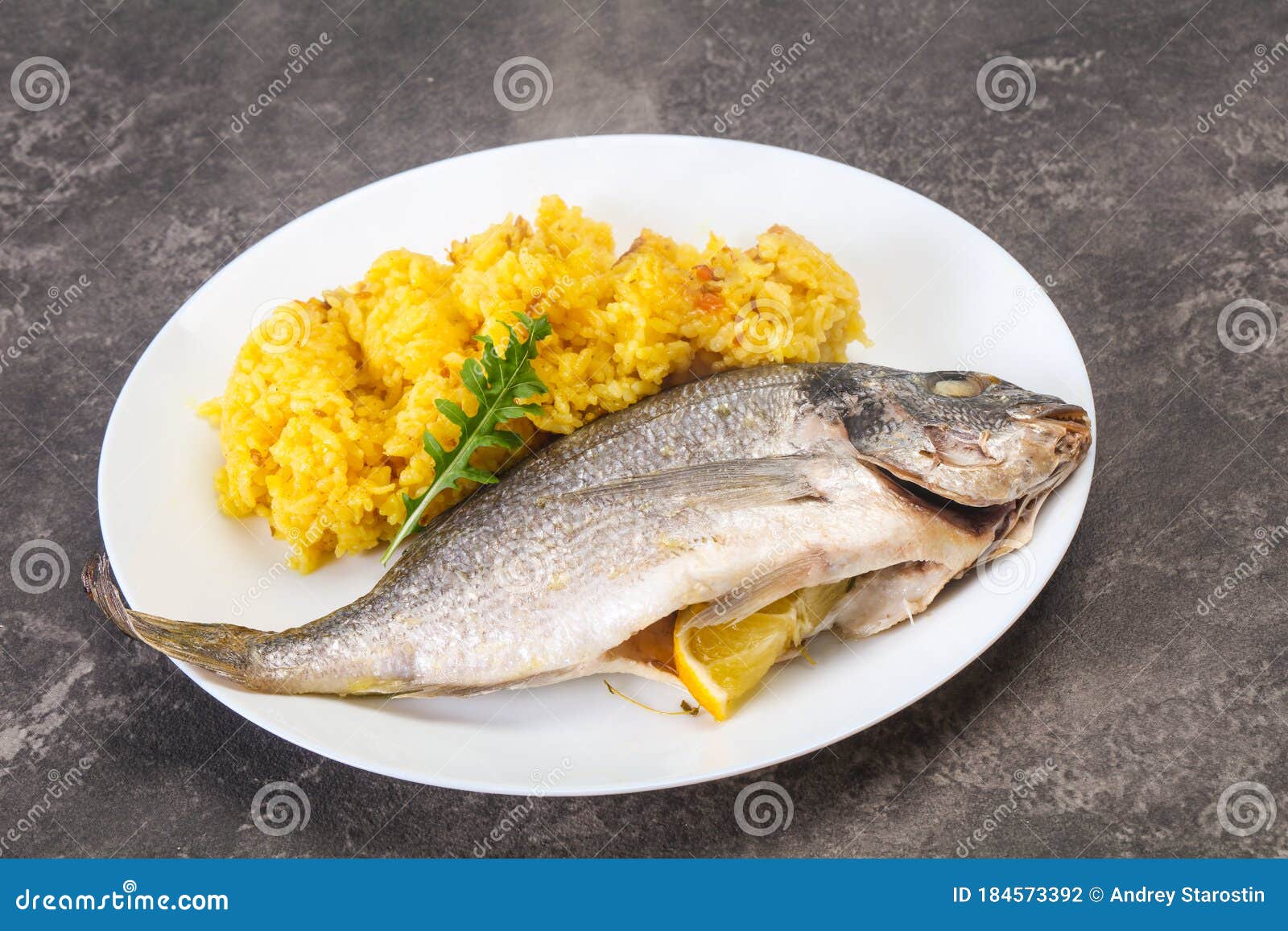 Steamed Dorada Fish with Rice Stock Photo - Image of grill, white ...