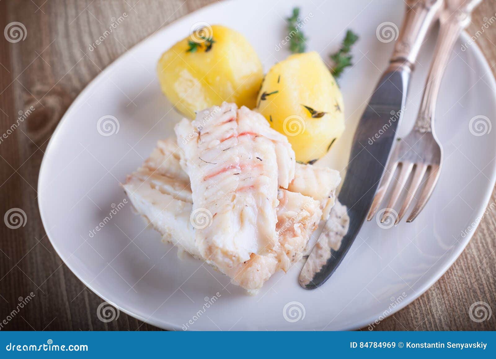 Steamed Fish and Potato on a Plate Served on Plate. Stock Image - Image ...