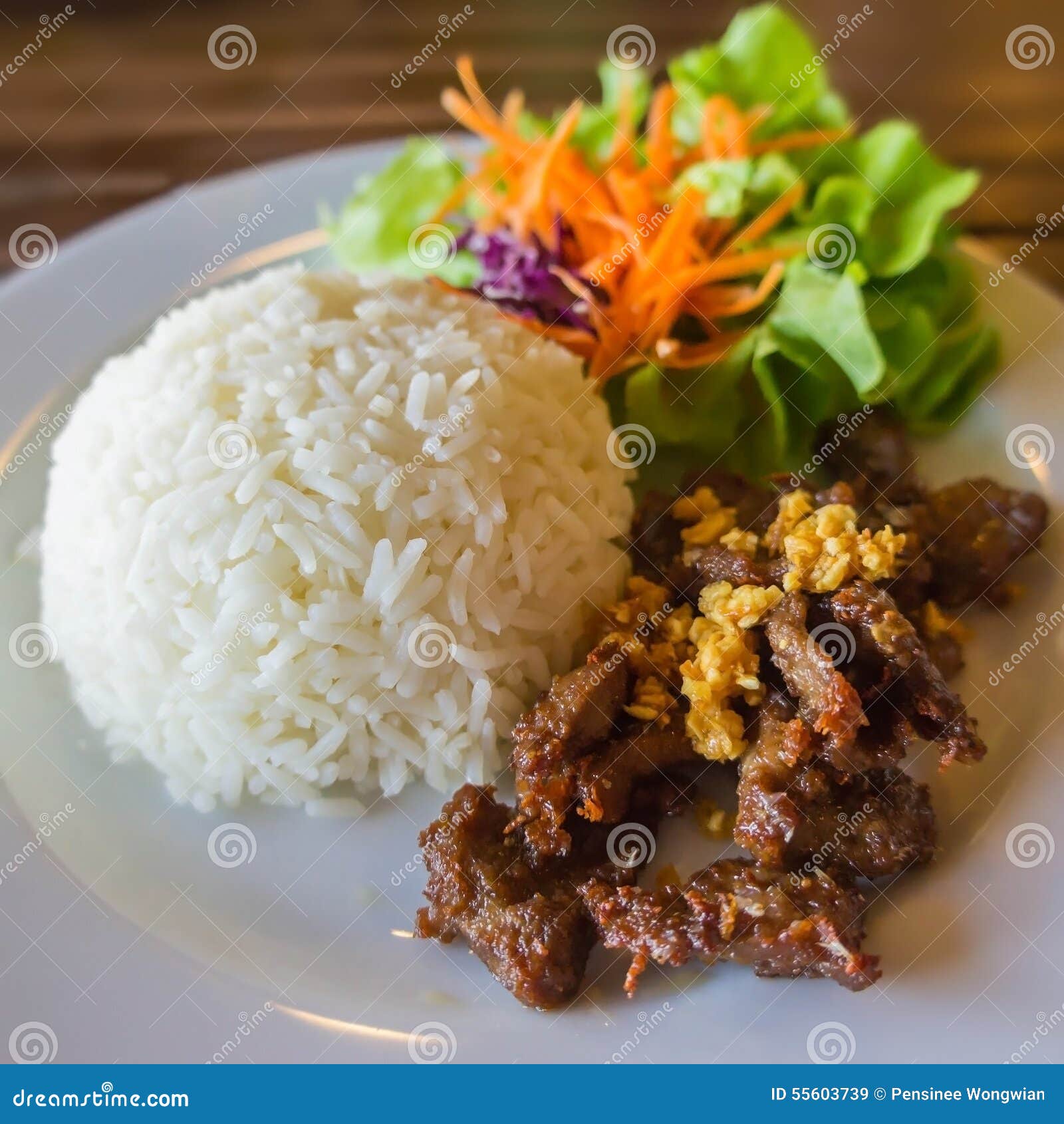 Steamed Rice with Fried Pork Stock Image - Image of green, pork: 55603739