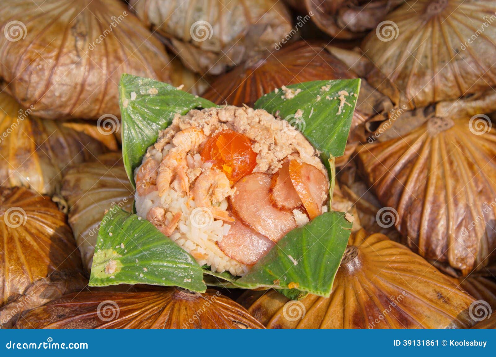Steamed Rice Wrapped in Lotus Leaf. Stock Image - Image of meat ...