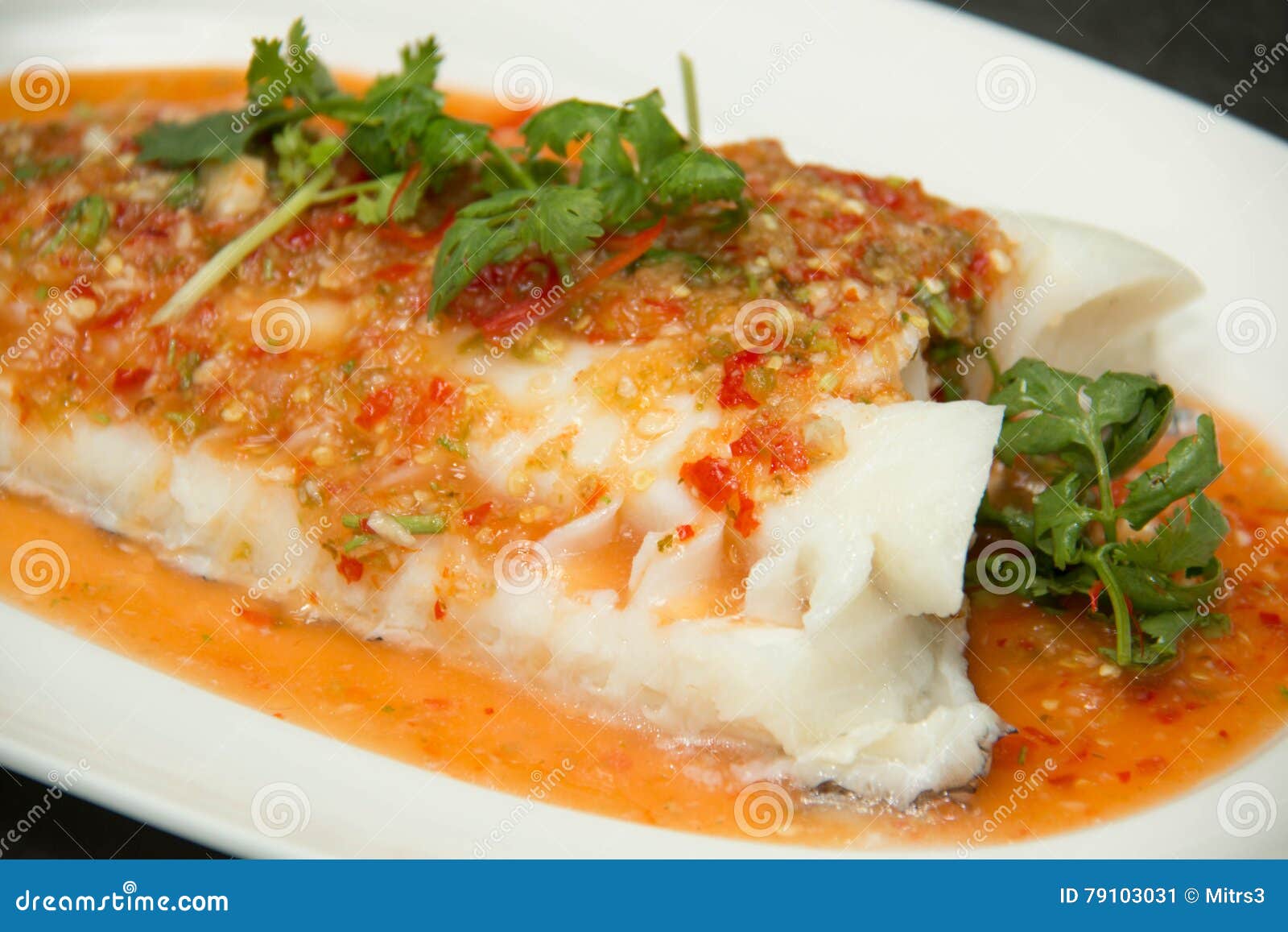 Streamed Snow Fish Slice Deep Fries On Top Spring Onion And Chilies ...