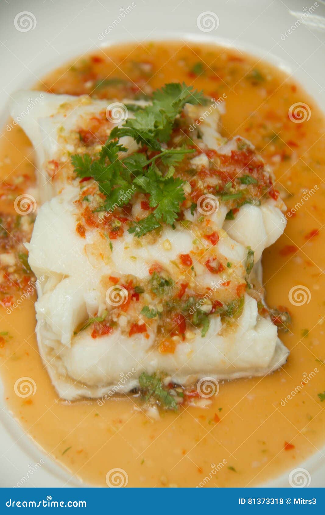 Steamed Snow Fish with Spicy Sauce Stock Photo - Image of fillet, fish ...