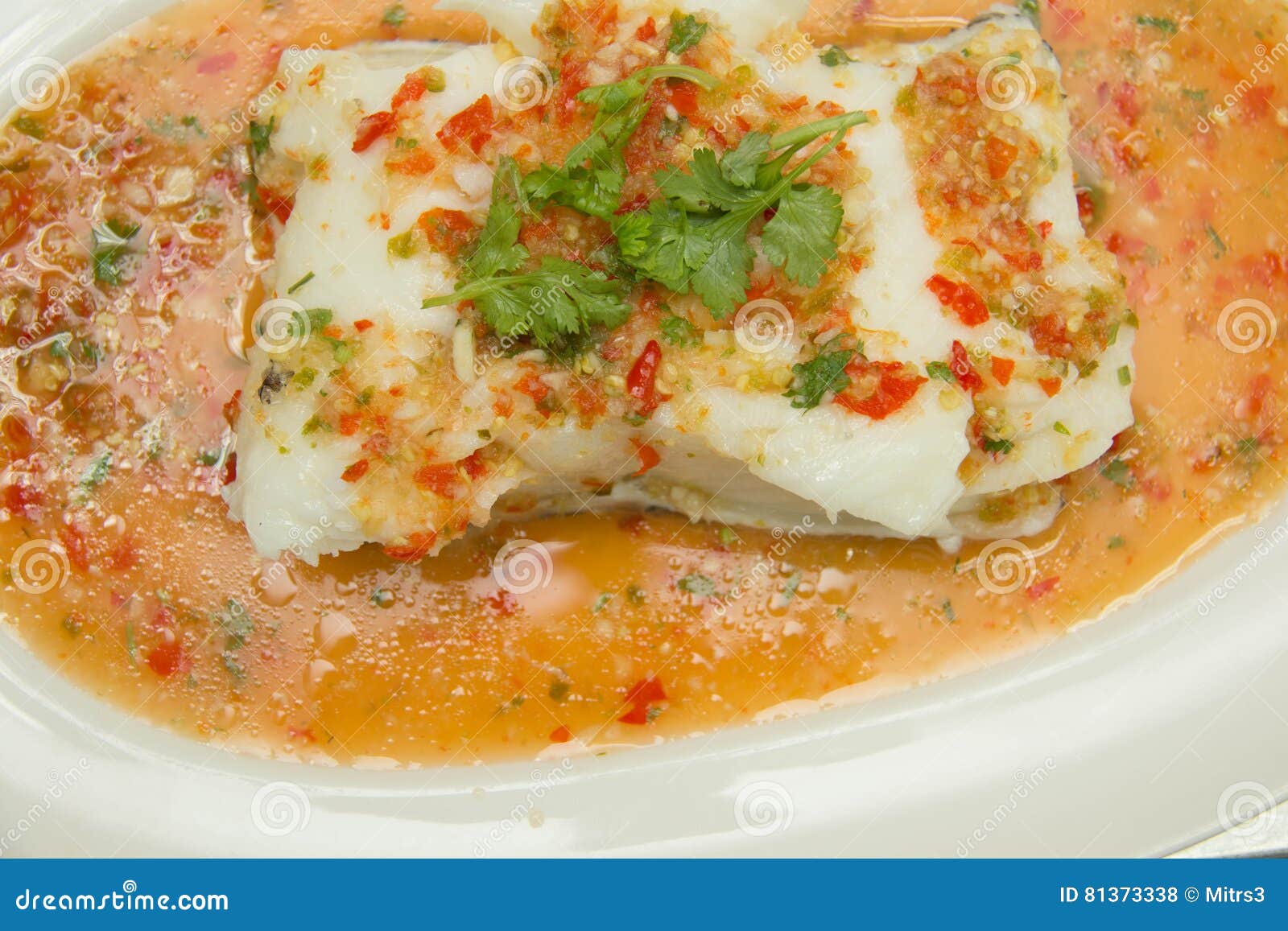 Steamed Snow Fish with Spicy Sauce Stock Photo - Image of steamed, thai ...
