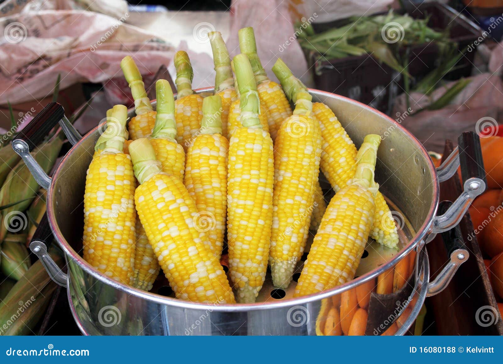 Steamed Sweet Corn With Ingredient Herb On Wooden Plate Royalty-Free ...