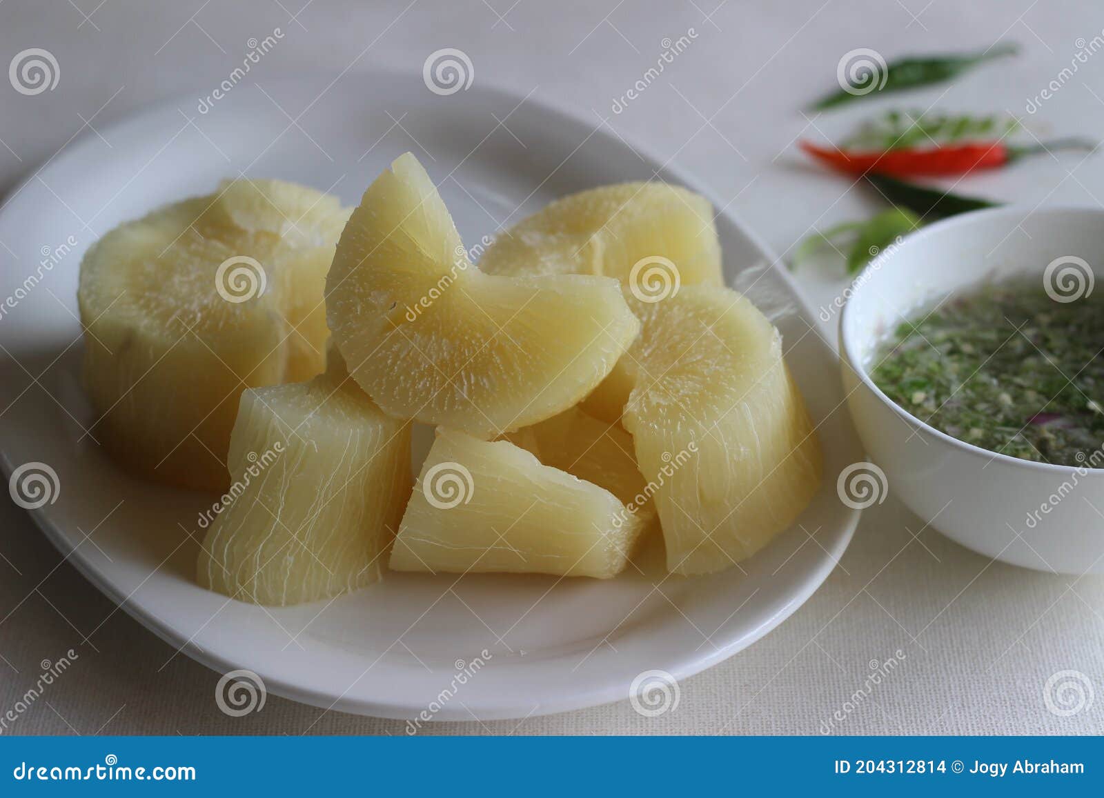 Boiled Tapioca with Chilli Chutney Stock Photo - Image of food, sliced ...
