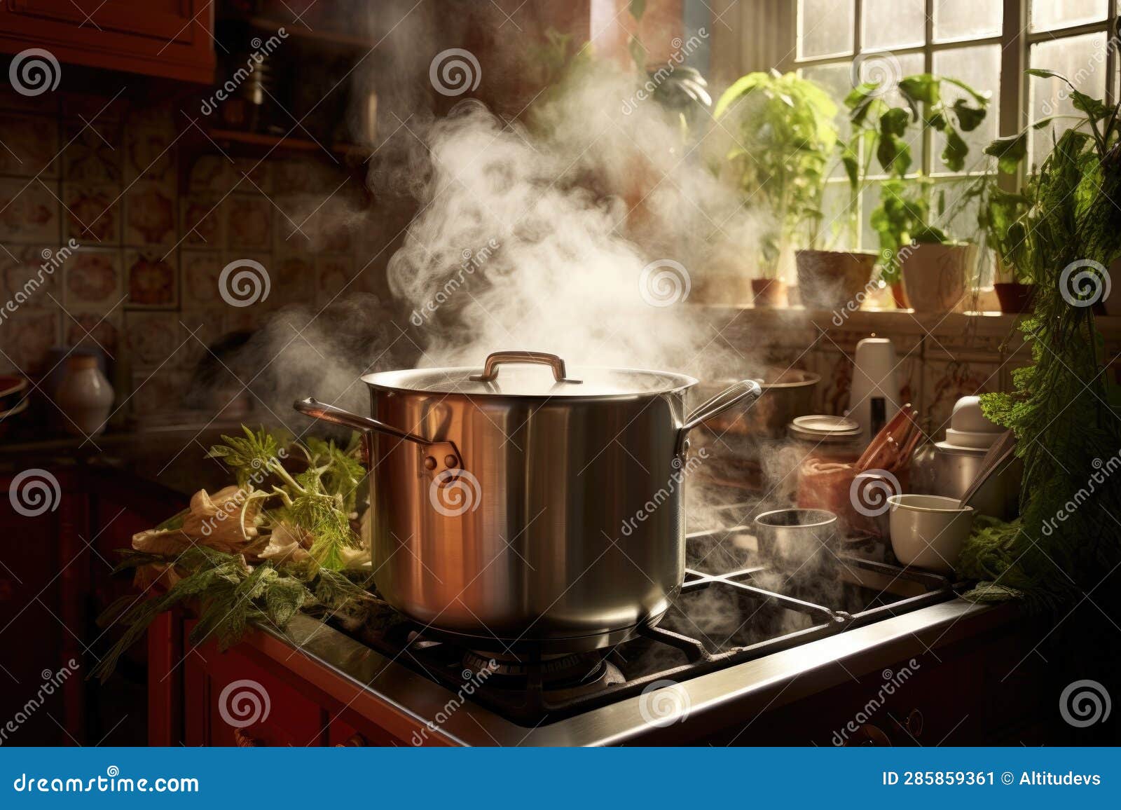 Steamer in Kitchen with Steam Rising from Pot Stock Illustration ...