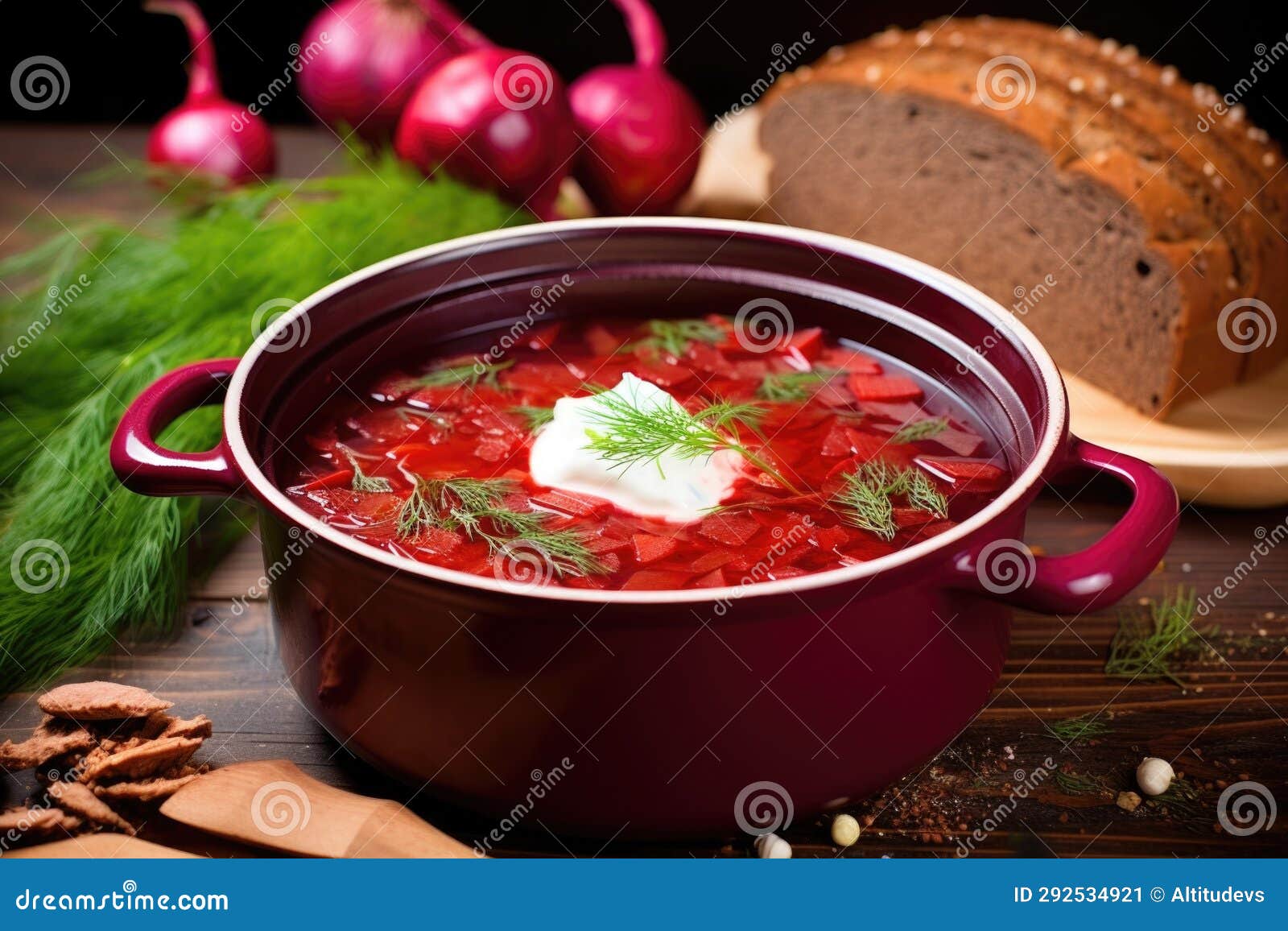 Steaming Borscht Soup with a Slice of Rye Bread Stock Image - Image of ...