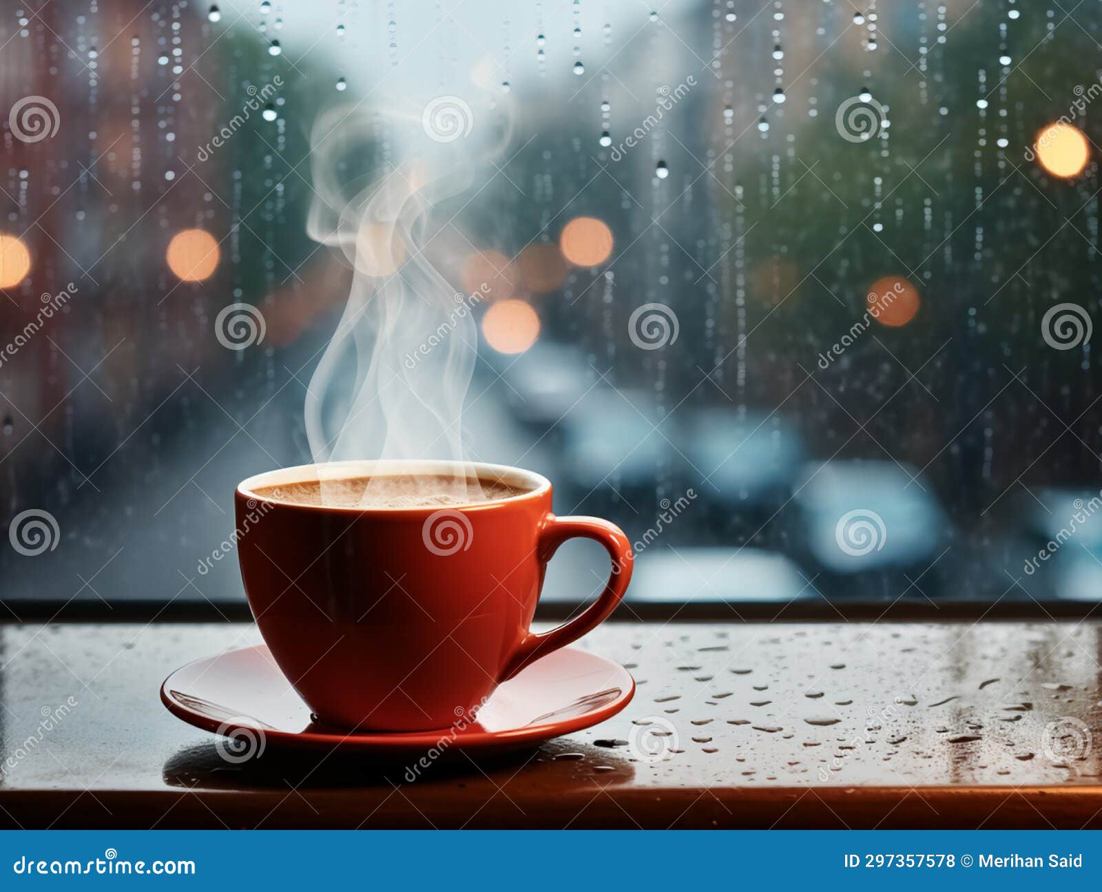 Steaming Coffee Cup on a Rainy Day Window Background, AI Generative ...