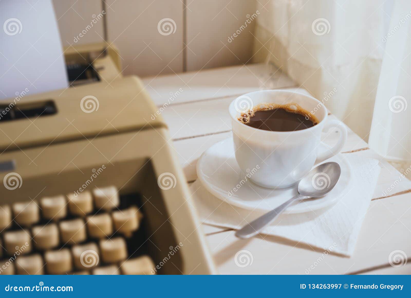 Vintage Looking Coffee and Typing Machine on a Desk Stock Image - Image ...