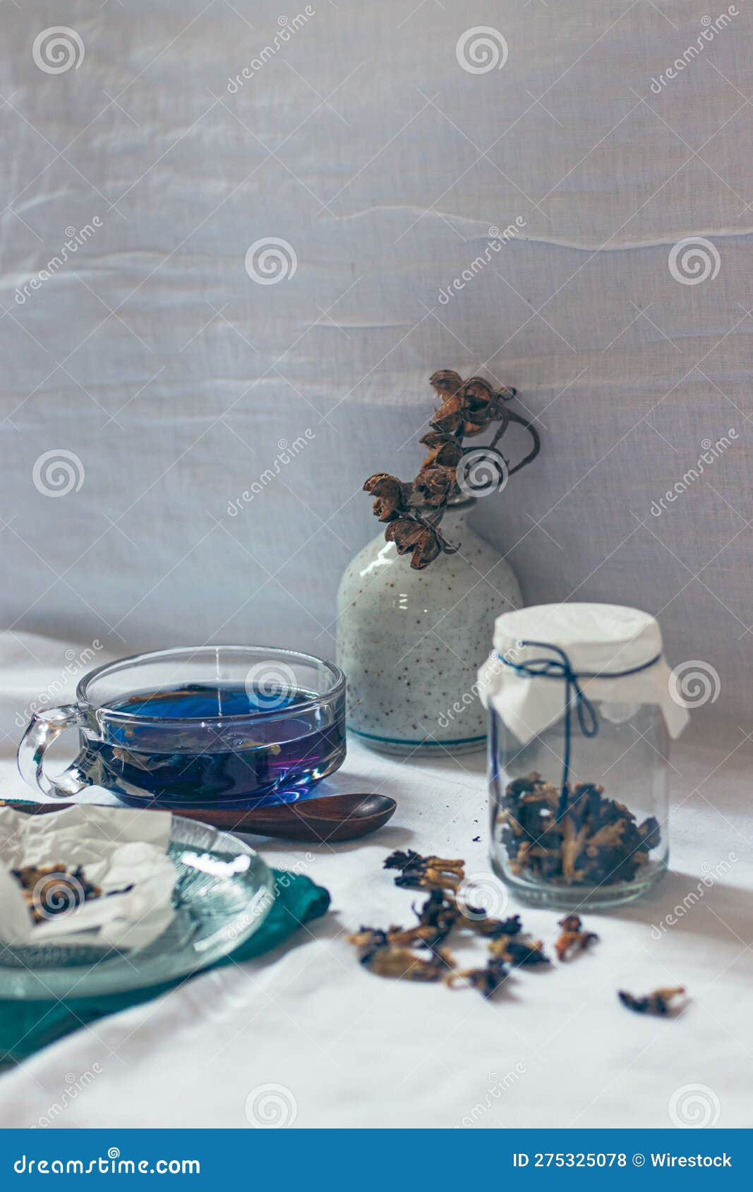 Steaming Cup of Herbal Butterfly Pea Tea, Against White Background with ...