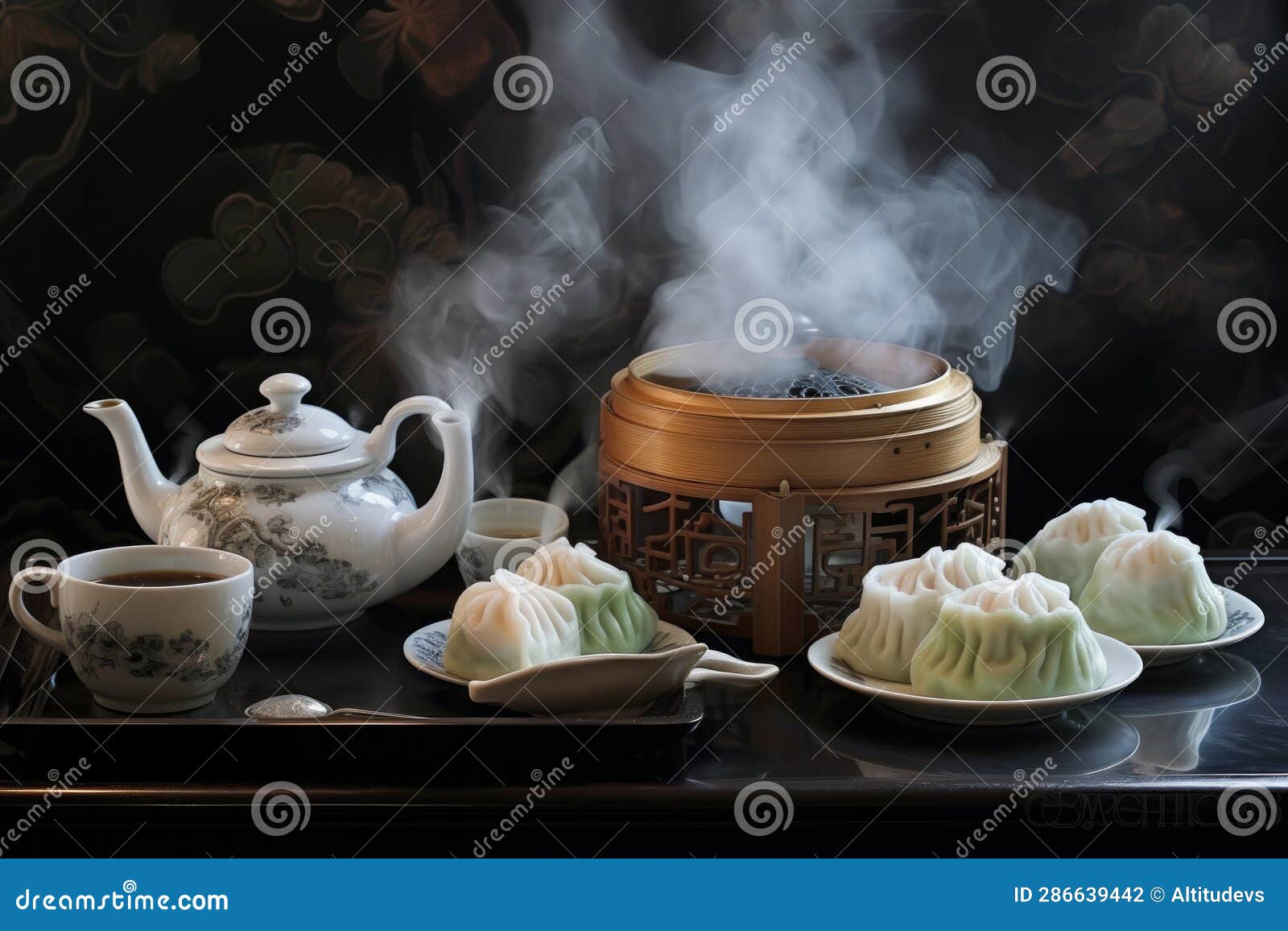 Steaming Dim Sum with Tea Set in Background Stock Illustration ...