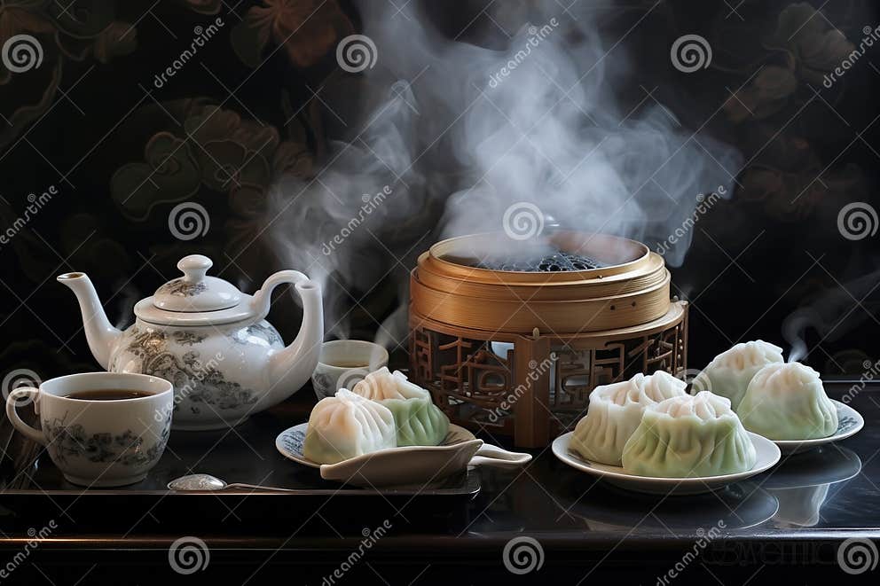 Steaming Dim Sum with Tea Set in Background Stock Illustration ...