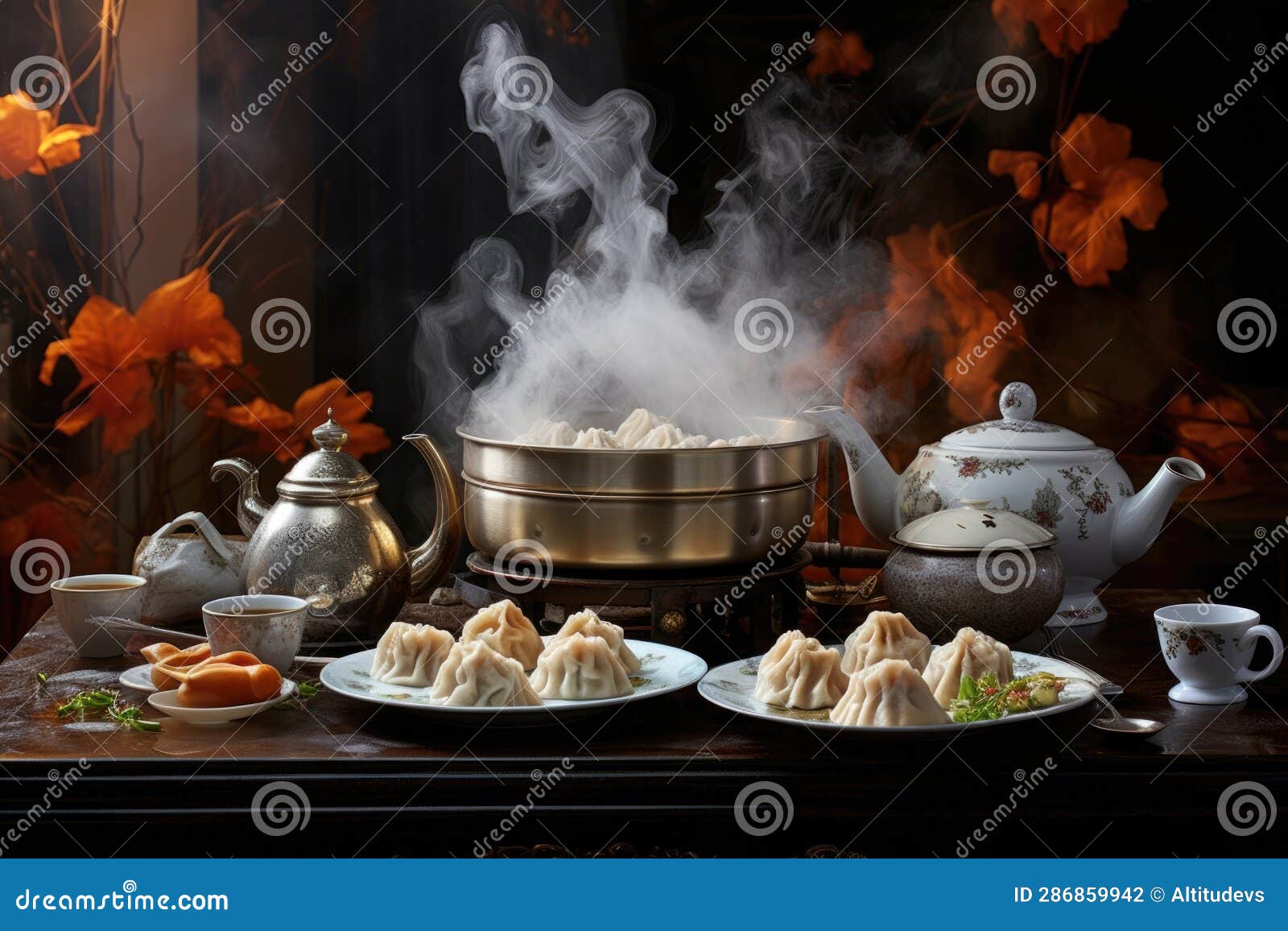 Steaming Dim Sum with Tea Set in Background Stock Photo - Image of ...
