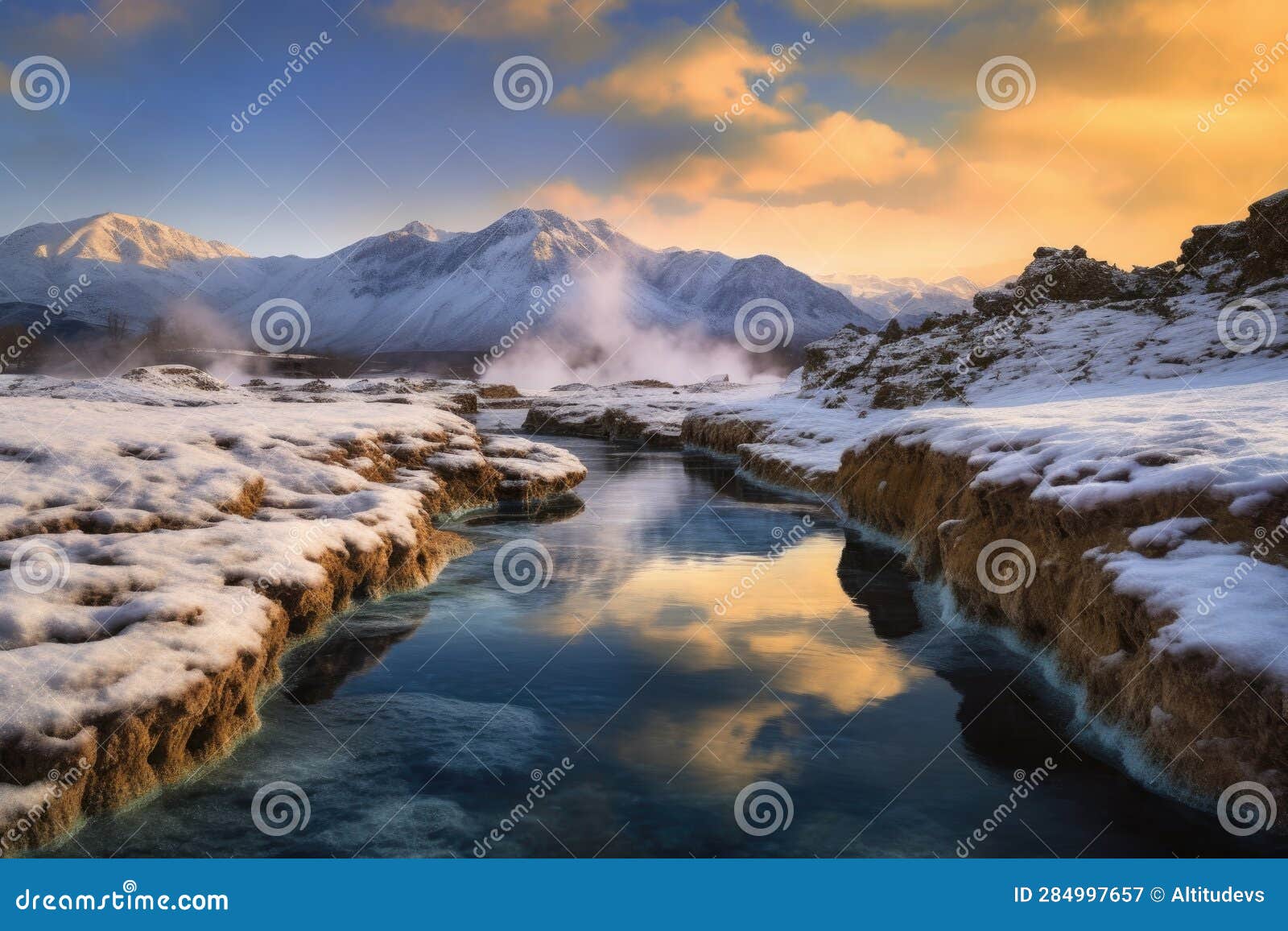 Steaming Geothermal Spring with Snow-capped Mountains Stock ...