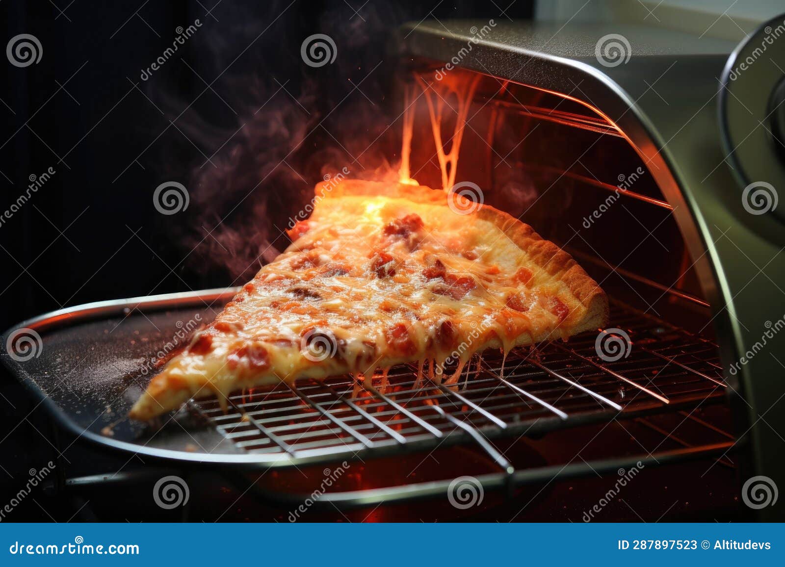 Steaming Hot Pizza Slice Being Pulled from Toaster Oven Stock ...