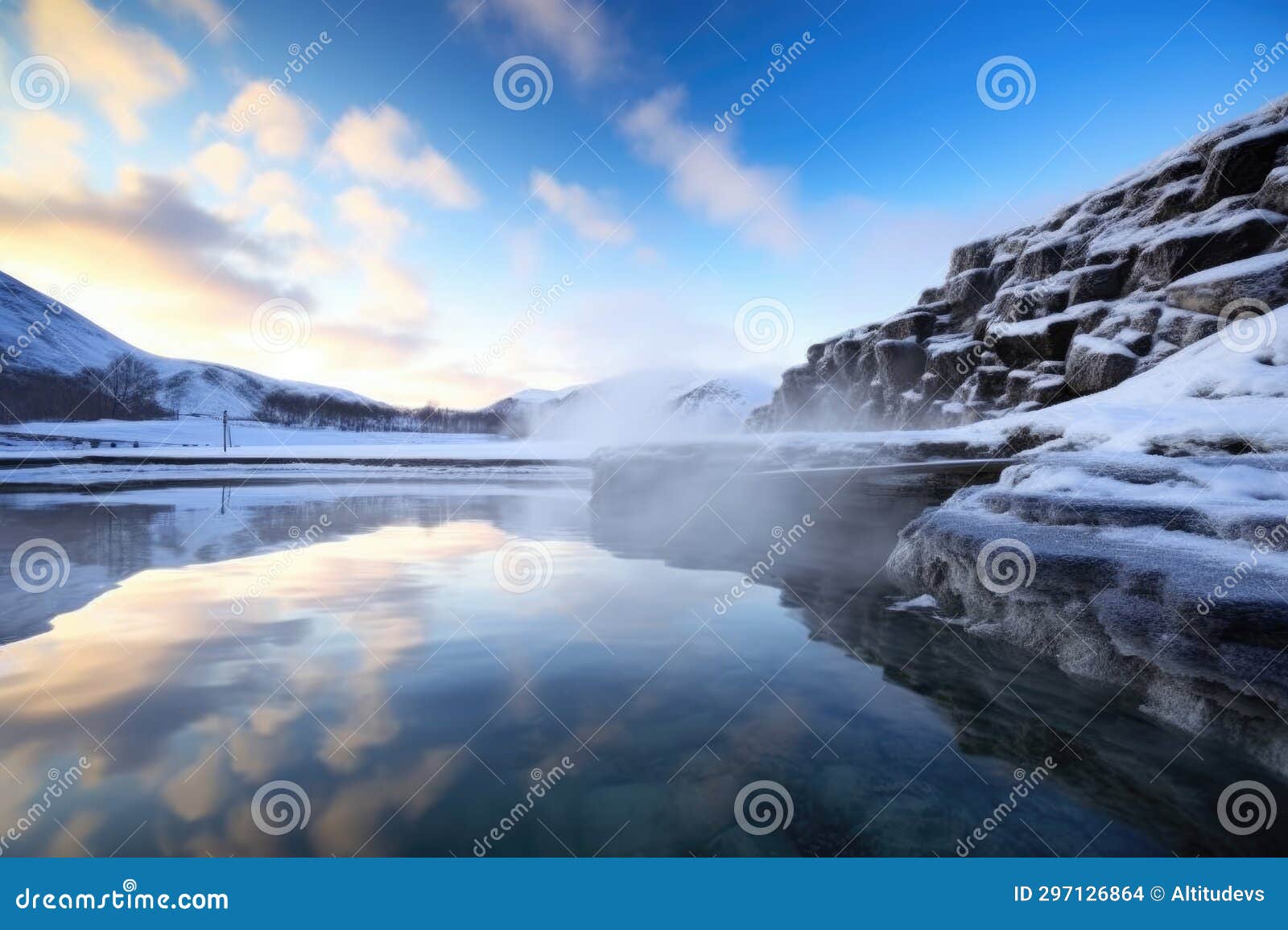 Steaming Hot Spring Adjacent To a Frozen Lake Stock Photo - Image of ...