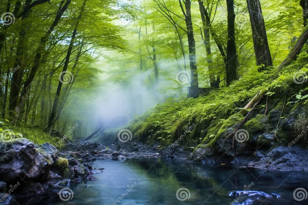 A Steaming Hot Spring in a Dense Forest Stock Photo - Image of nature ...