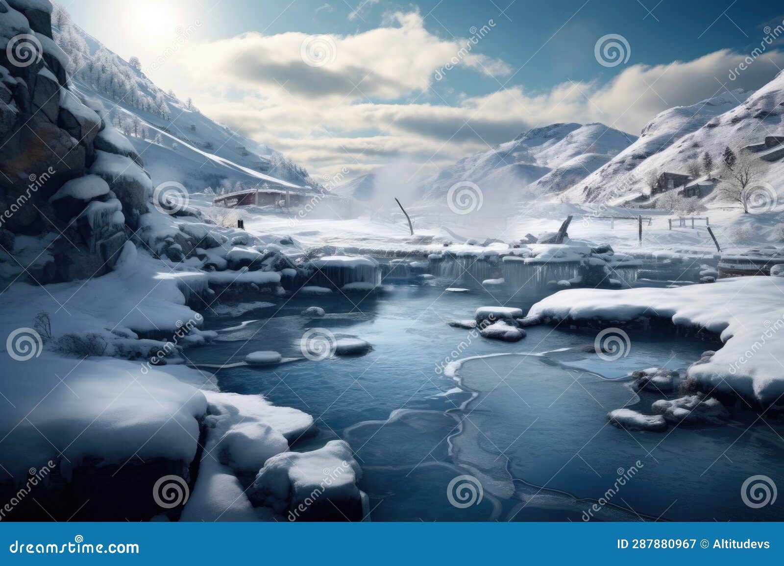 Steaming Hot Spring Pool Nestled in a Snowy Landscape Stock Image ...