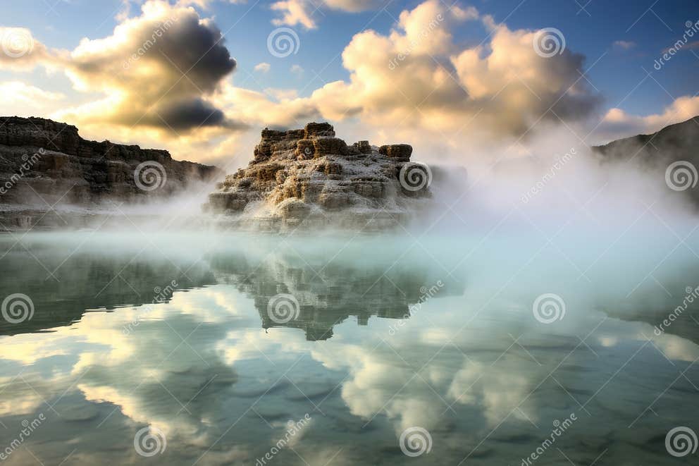 Steaming Hot Spring with Reflective Water Surface Stock Photo - Image ...