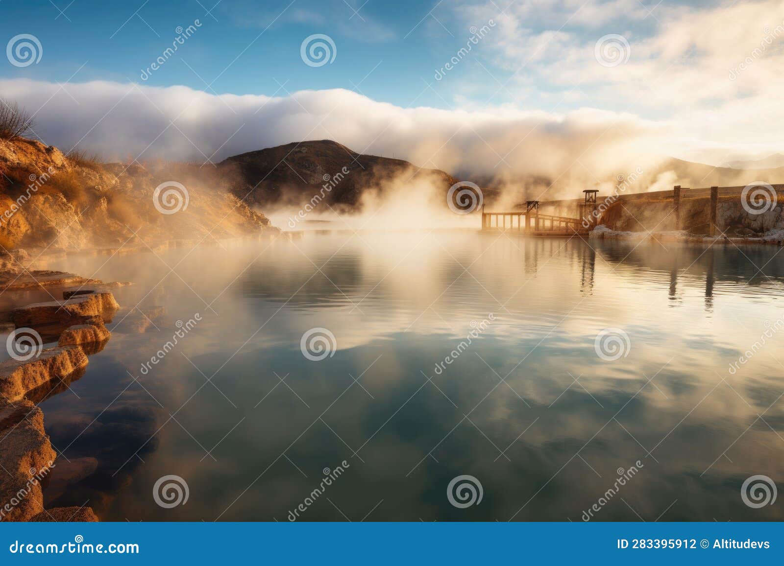 Steaming Hot Spring with Reflective Water Surface Stock Illustration ...