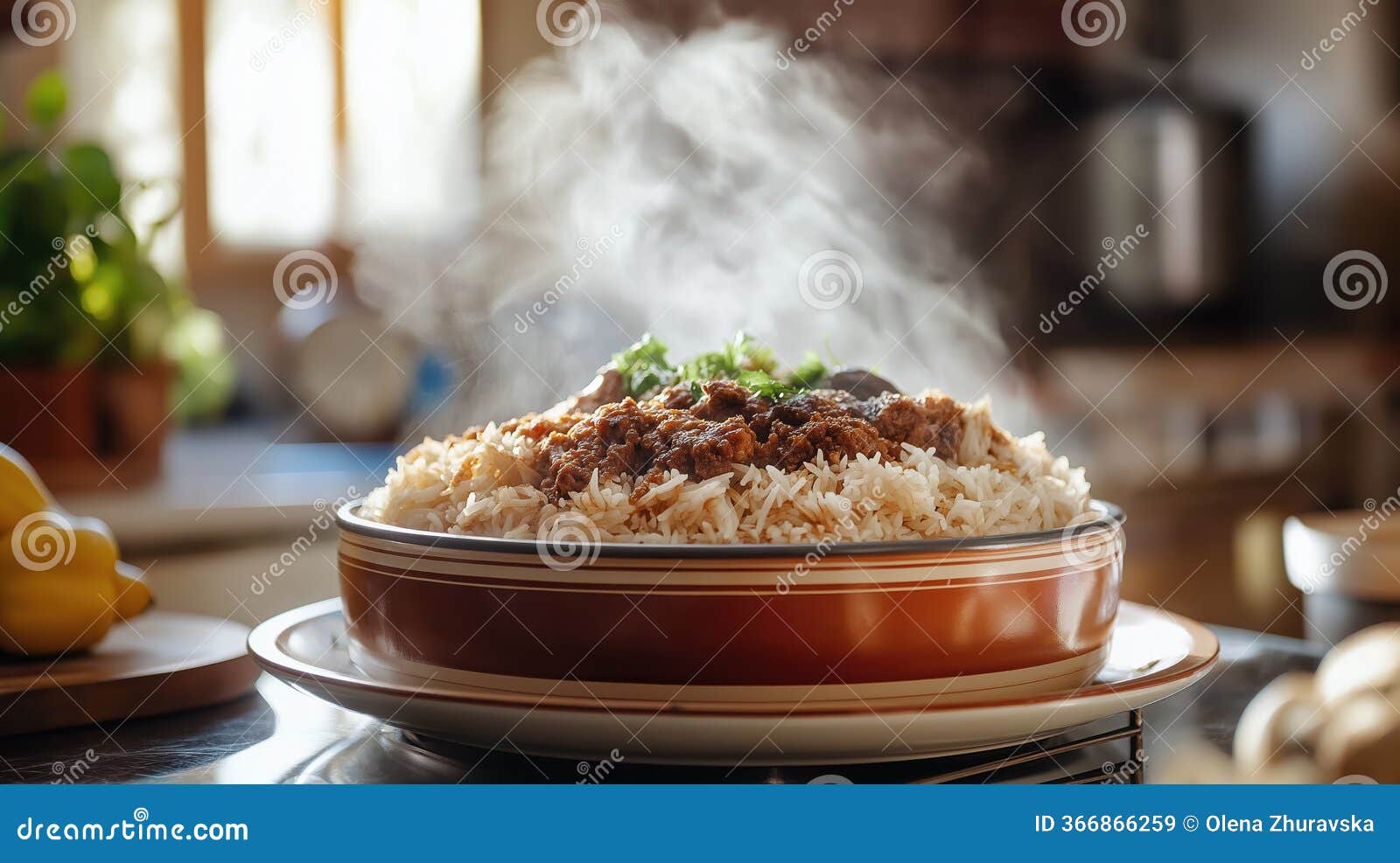 A Fragrant Rice Dish Cooked With Tender Meat Pieces, Aromatic Spices ...