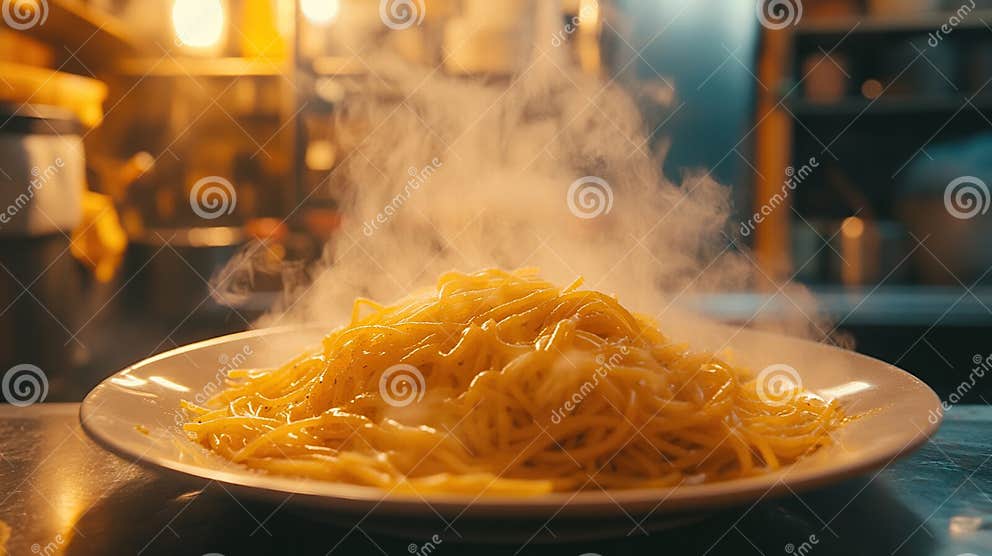 Steaming Plate of Freshly Cooked Spaghetti in a Restaurant Kitchen ...