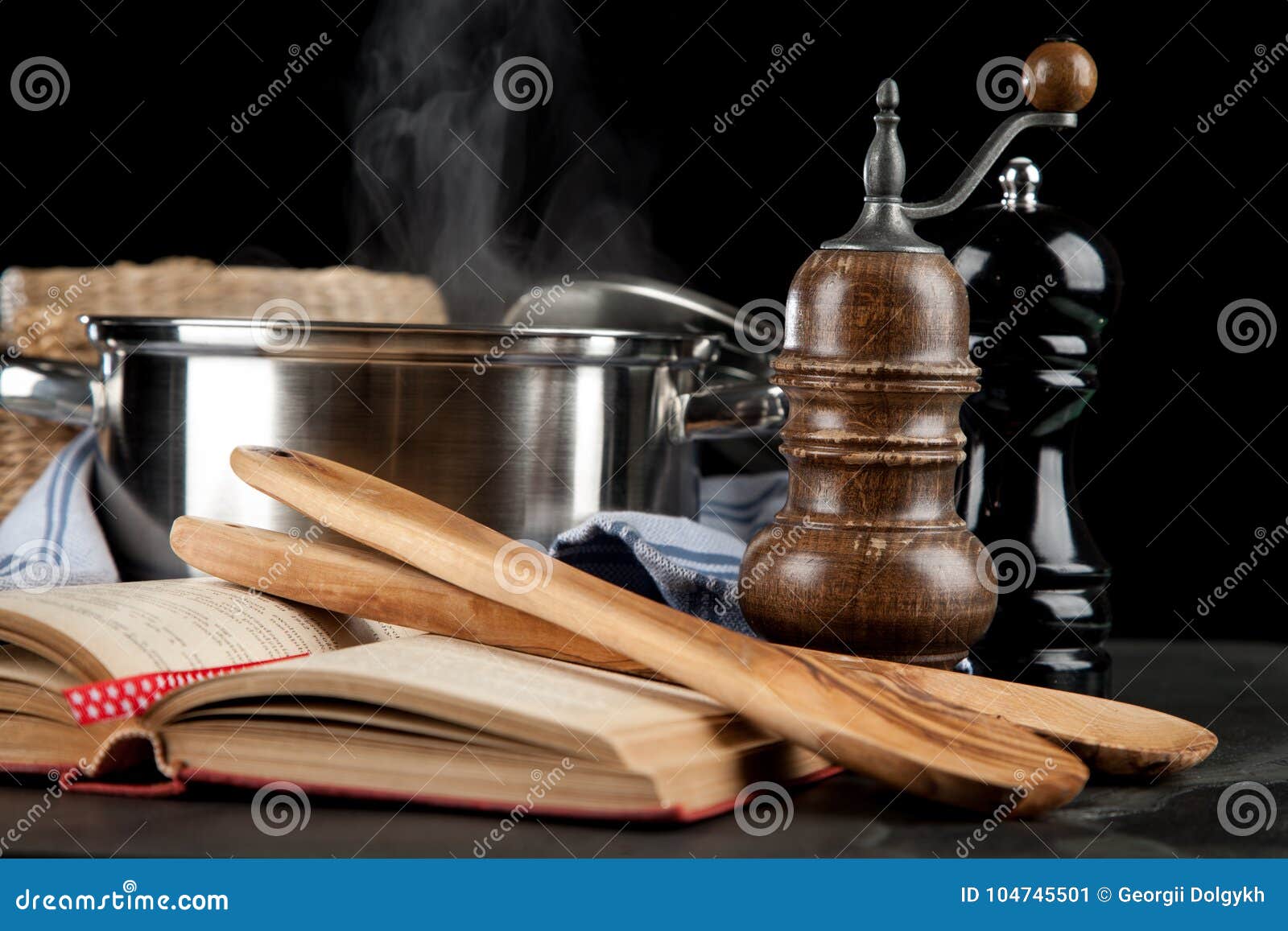 Steaming Pot on Black Background Stock Image - Image of saucepan, towel ...