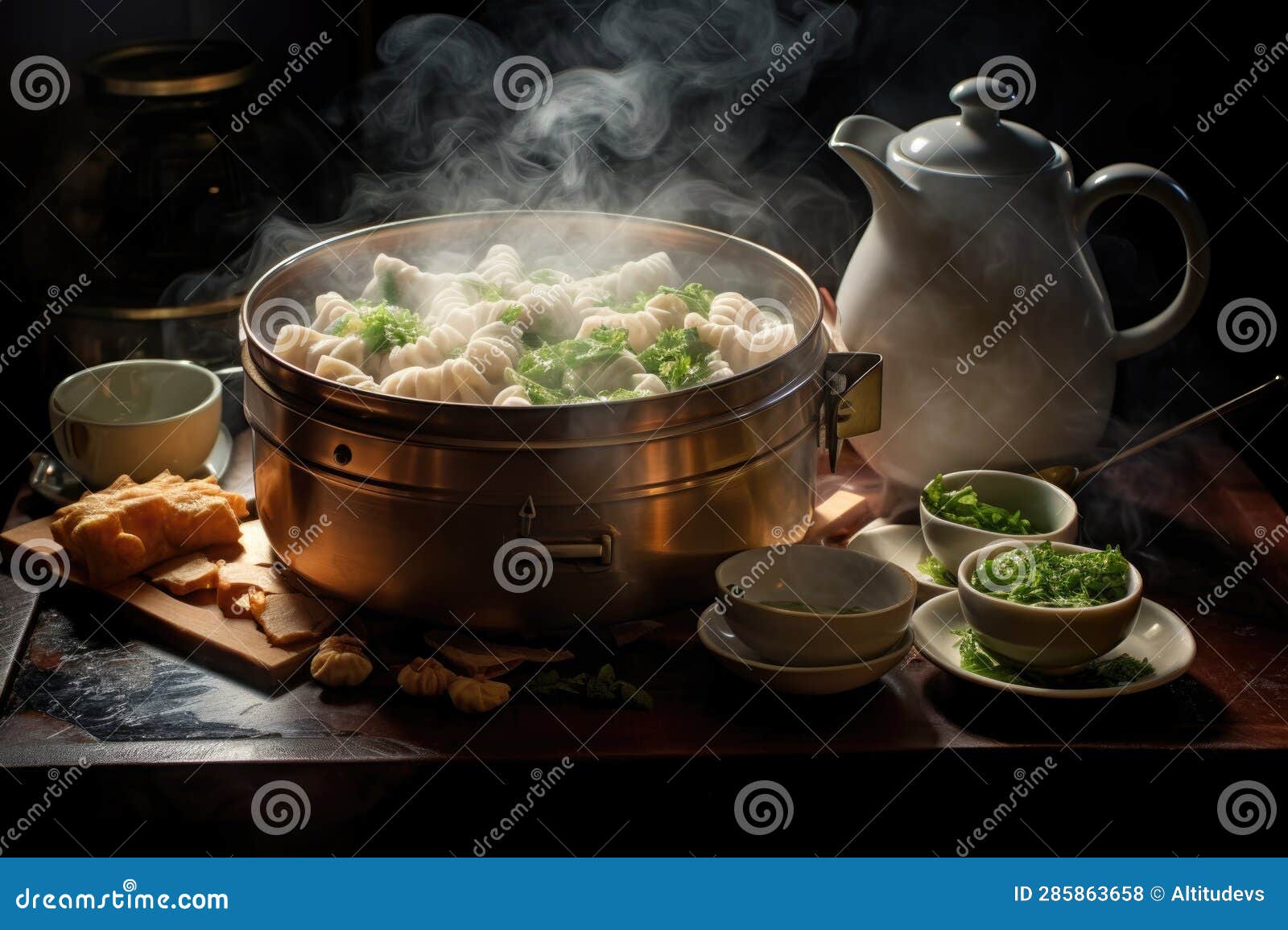 Steaming Pot of Dim Sum and Green Tea on Table Stock Photo - Image of ...