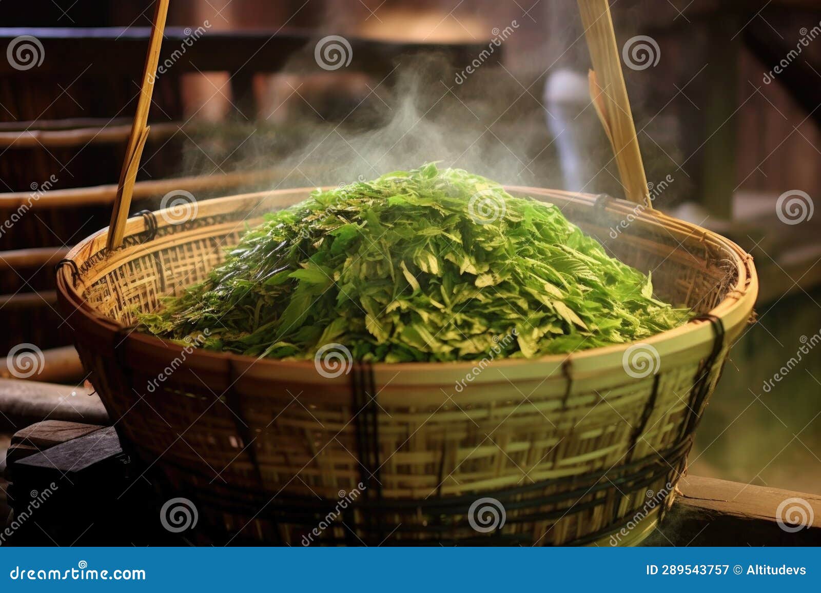 Steaming Process of Green Tea Leaves in a Large Bamboo Basket Stock ...