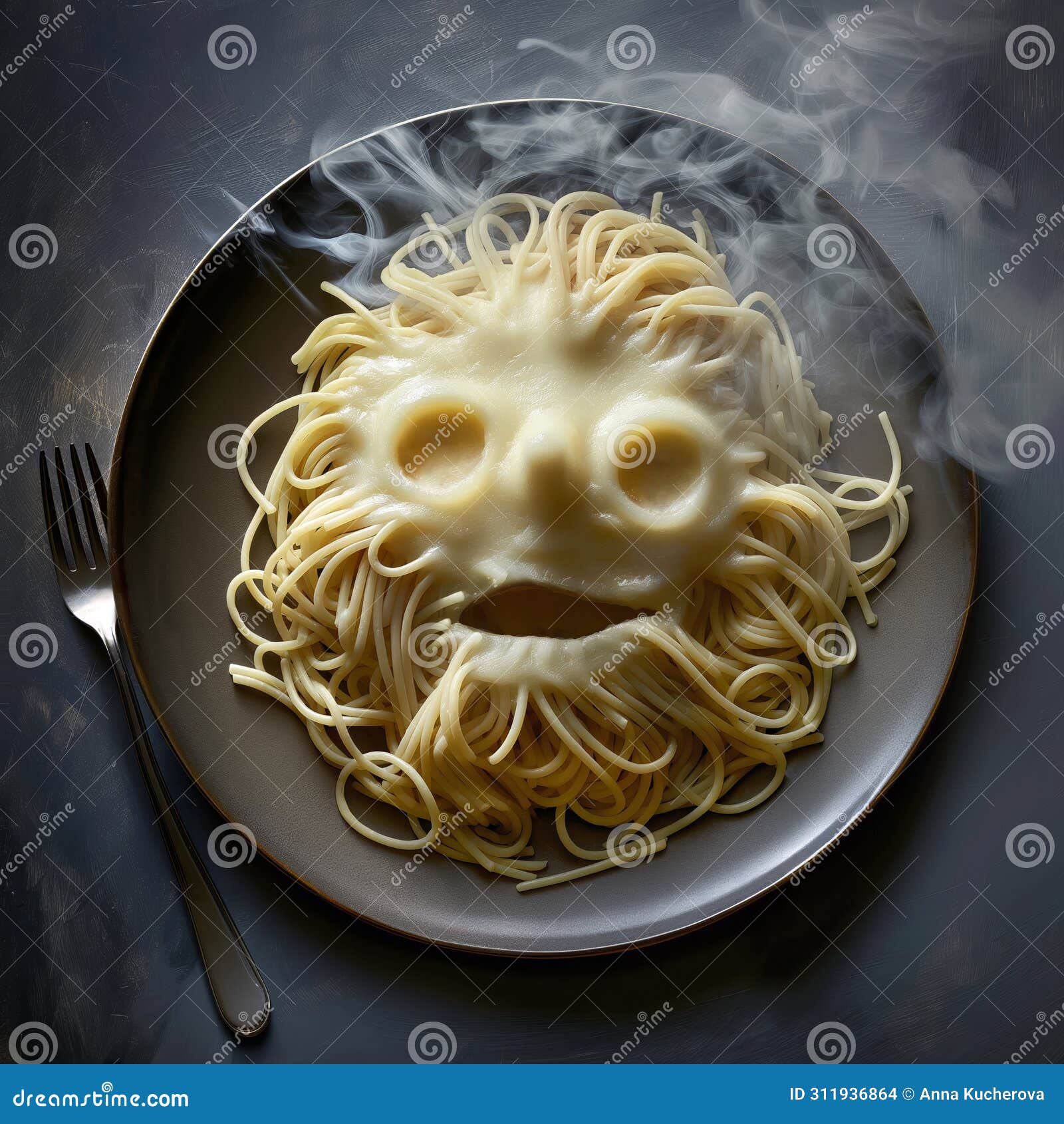 Steaming Spaghetti Dish with a Funny Melted Cheese Face Stock ...