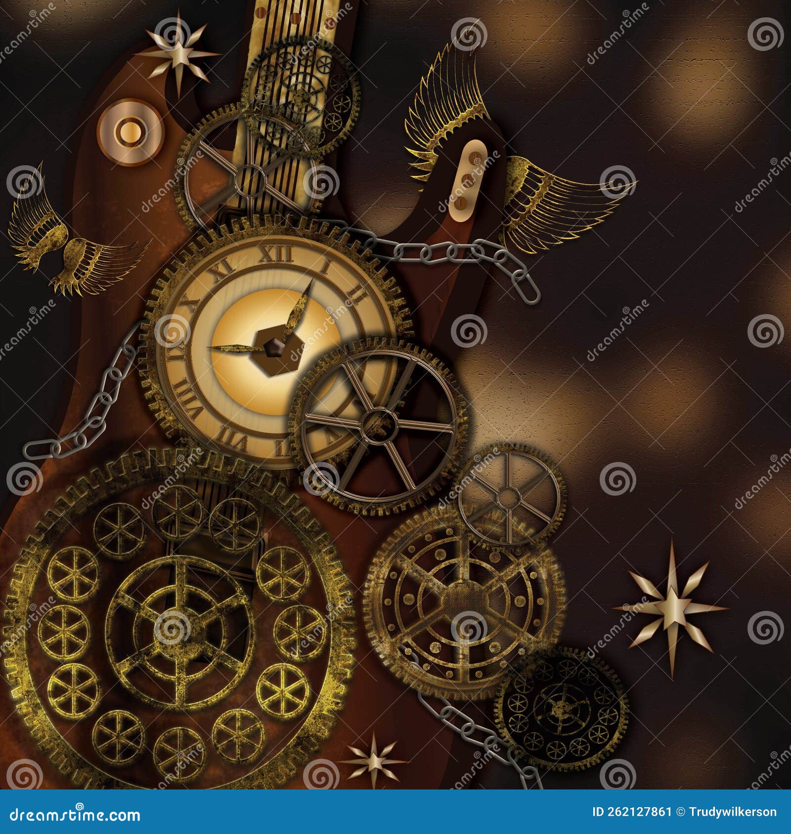 Mysterious and Dark Steampunk Design with Guitar and Clock Stock ...