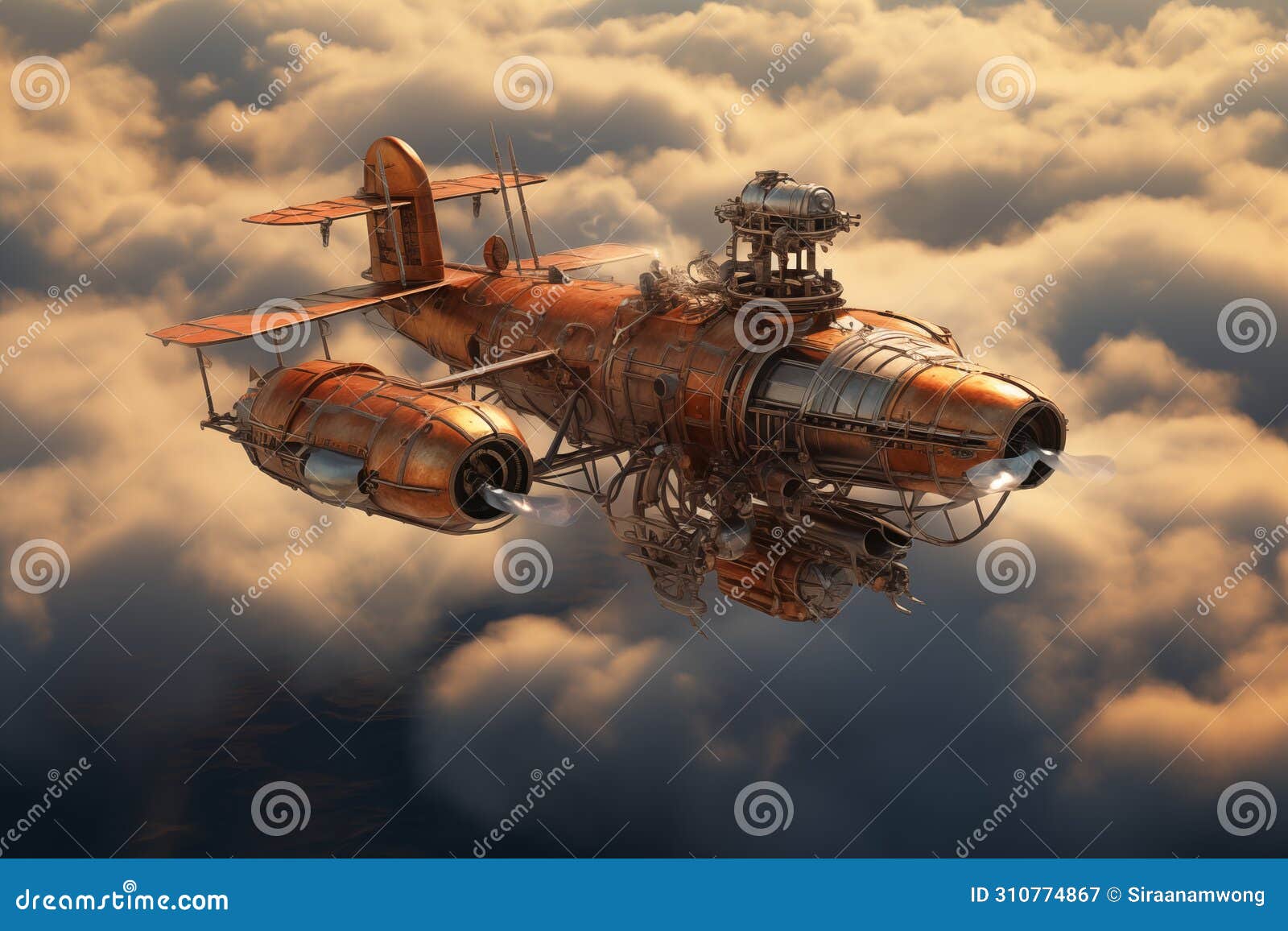Steampunk Airplane Flying Above the Clouds. by Generative Ai Stock ...
