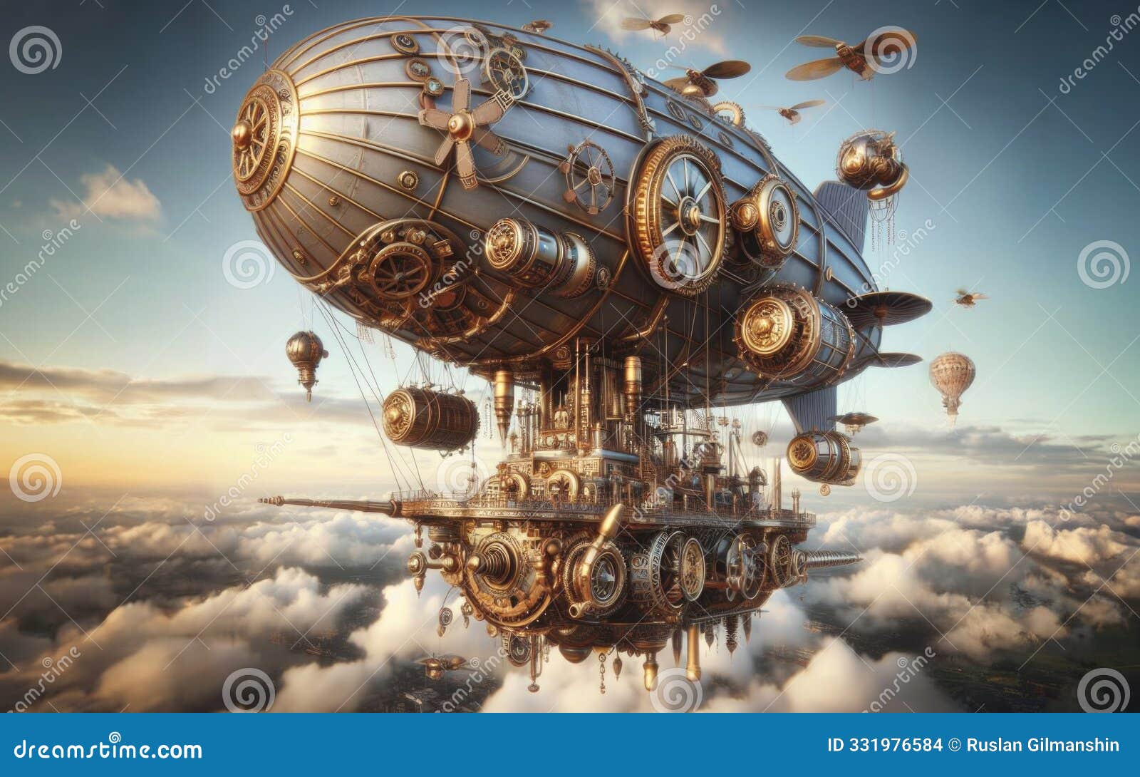 A Steampunk Airship is Flying Gracefully through Fluffy Clouds Stock ...