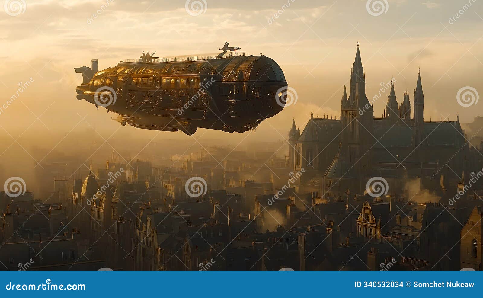 Steampunk Airship Flying Over a City at Sunset Stock Illustration ...