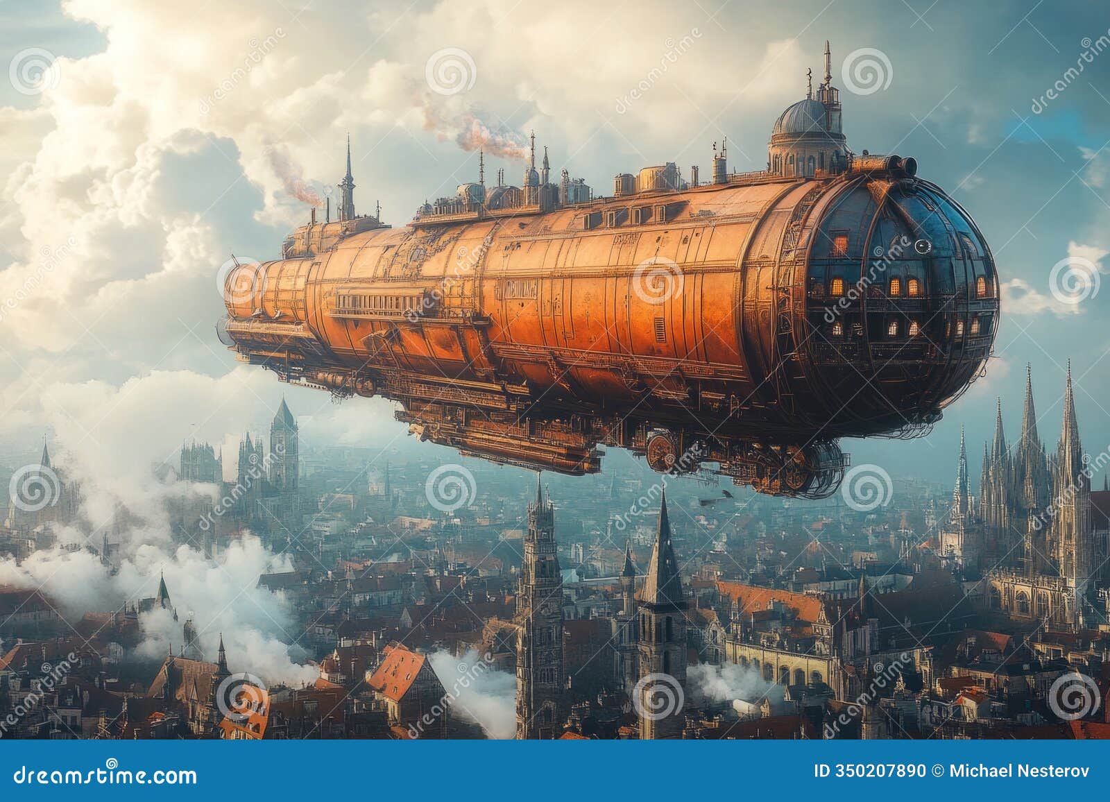 Steampunk Airship Flying Over Cityscape in Cloudy Sky Stock Photo ...