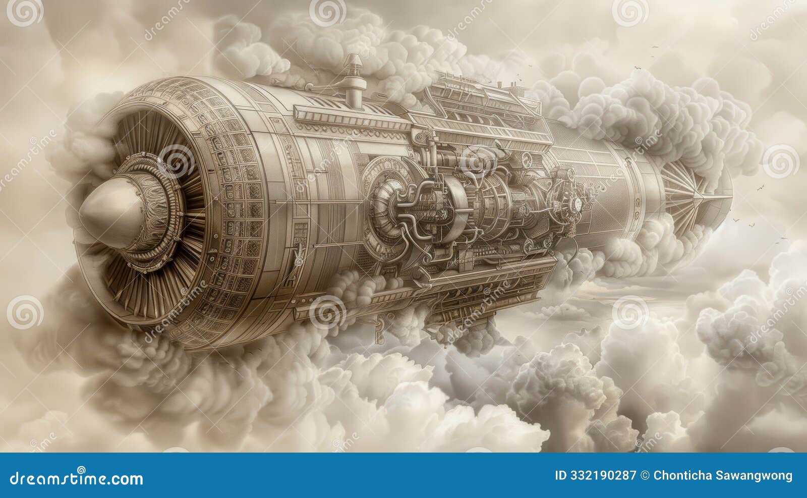 A Steampunk Airship Soars through the Clouds, Its Intricate Gears and ...