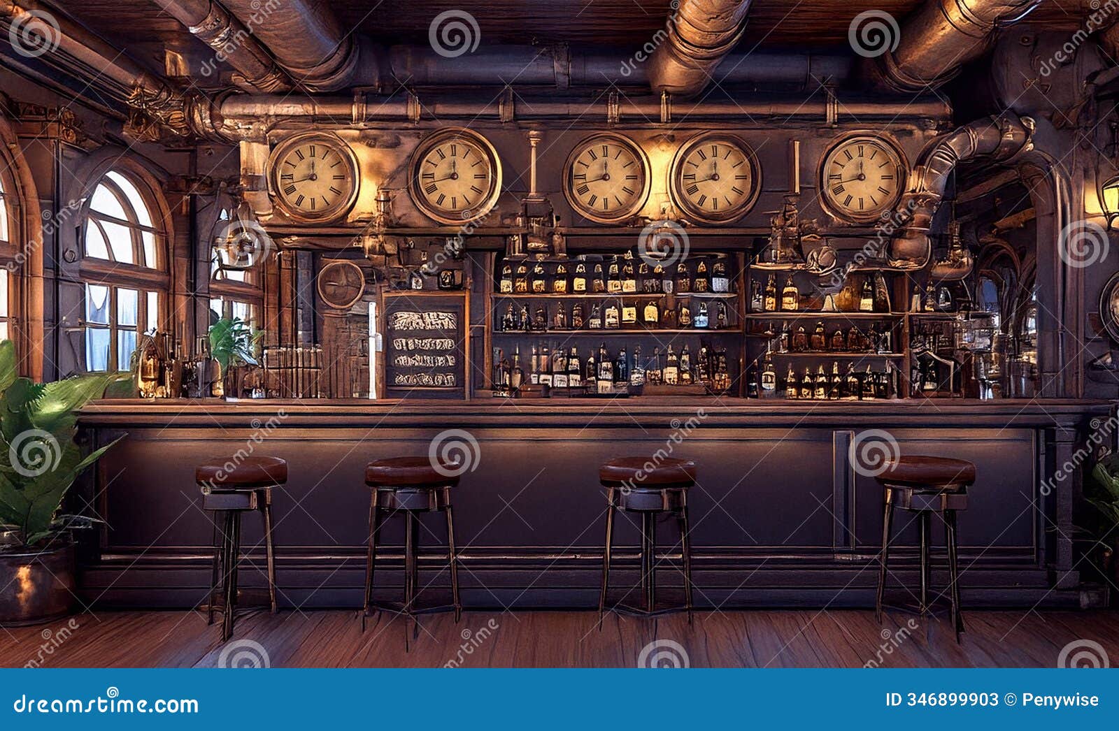 Steampunk Bar with Many Bottles Generative Image Stock Illustration ...