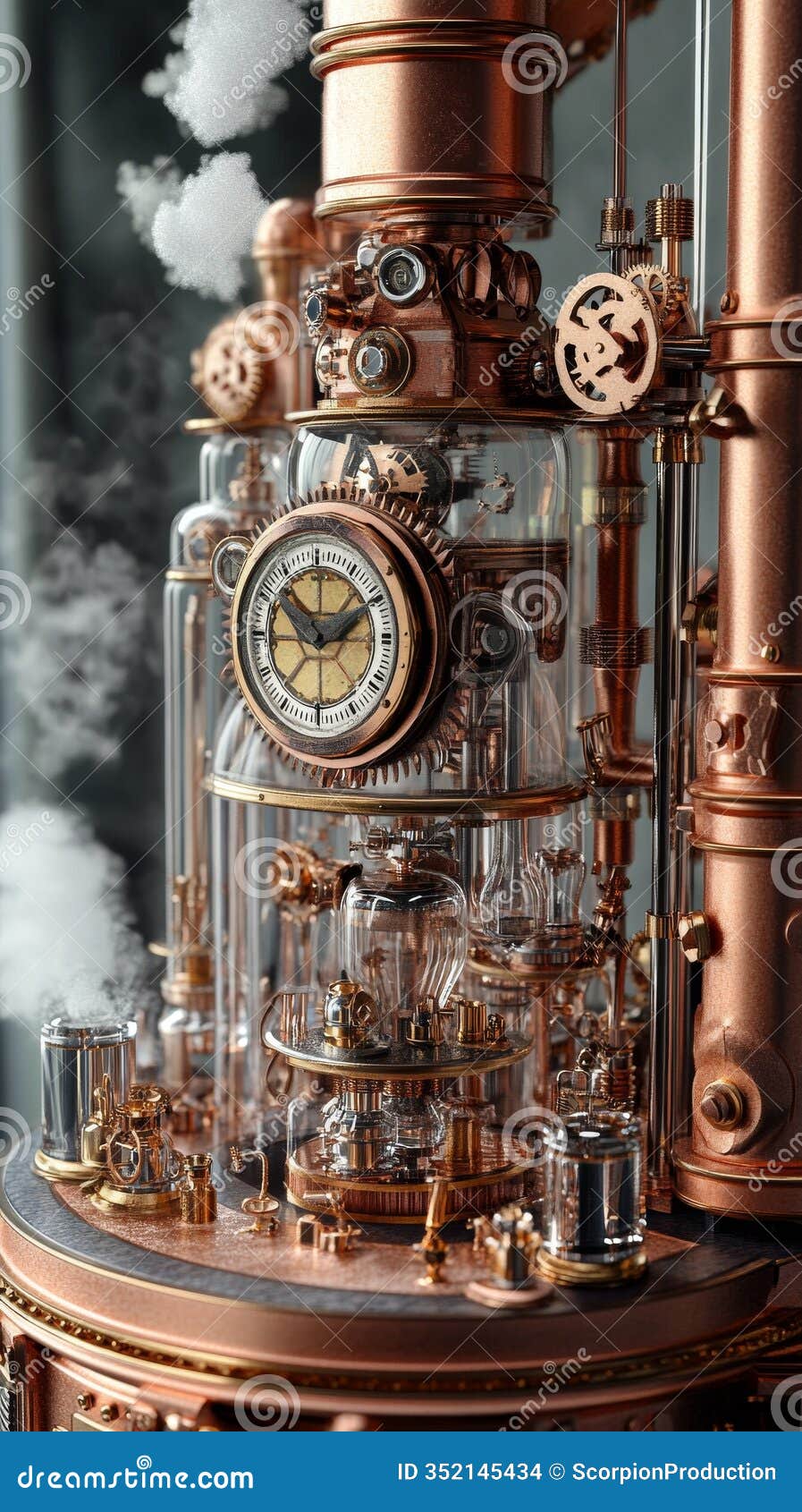 Steampunk Brass Machine with Visible Clock and Steam Vents Stock Photo ...