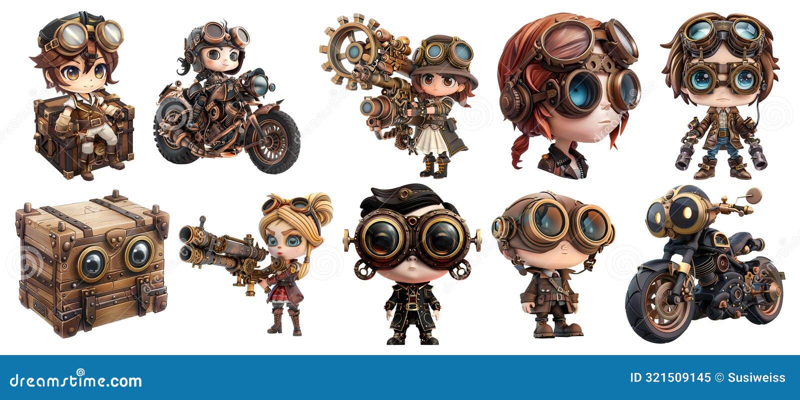 Steampunk Cartoon Illustration Clipart Sticker Bundle, Generated Ai ...