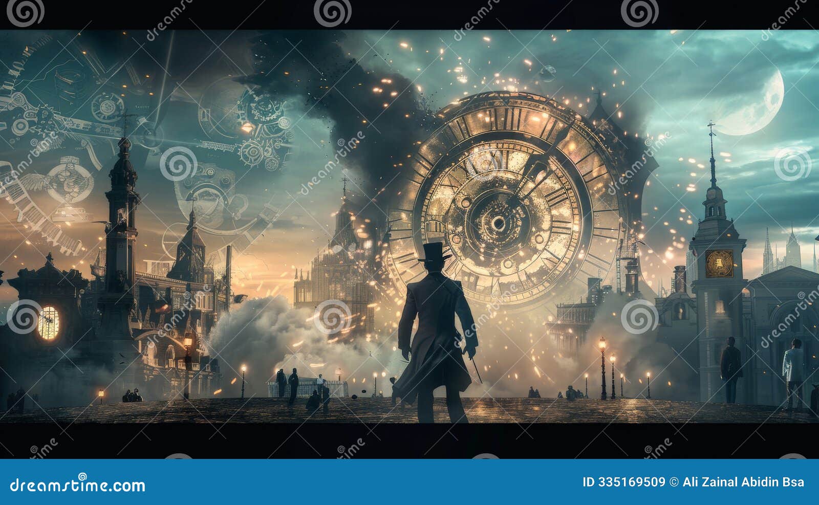 Steampunk Cityscape with Clockwork Giant Stock Illustration ...