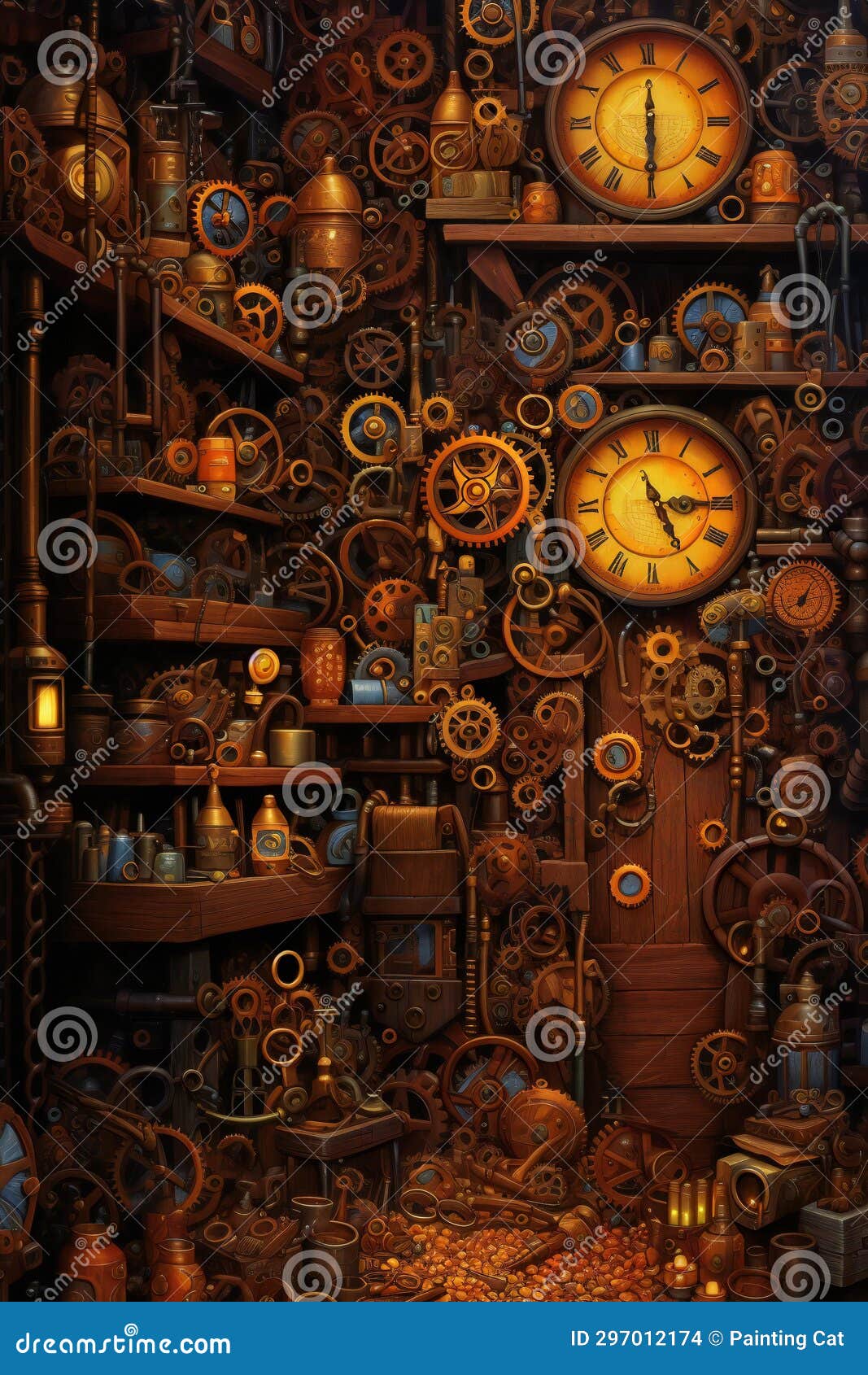 A Steampunk Clock Mechanism in a Shop Window Stock Illustration ...