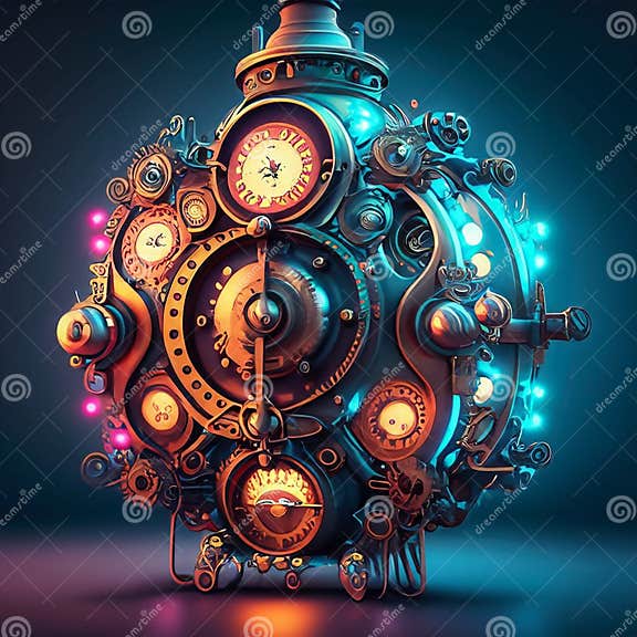 Steampunk Clock with Neon Lighting Stock Illustration - Illustration of ...