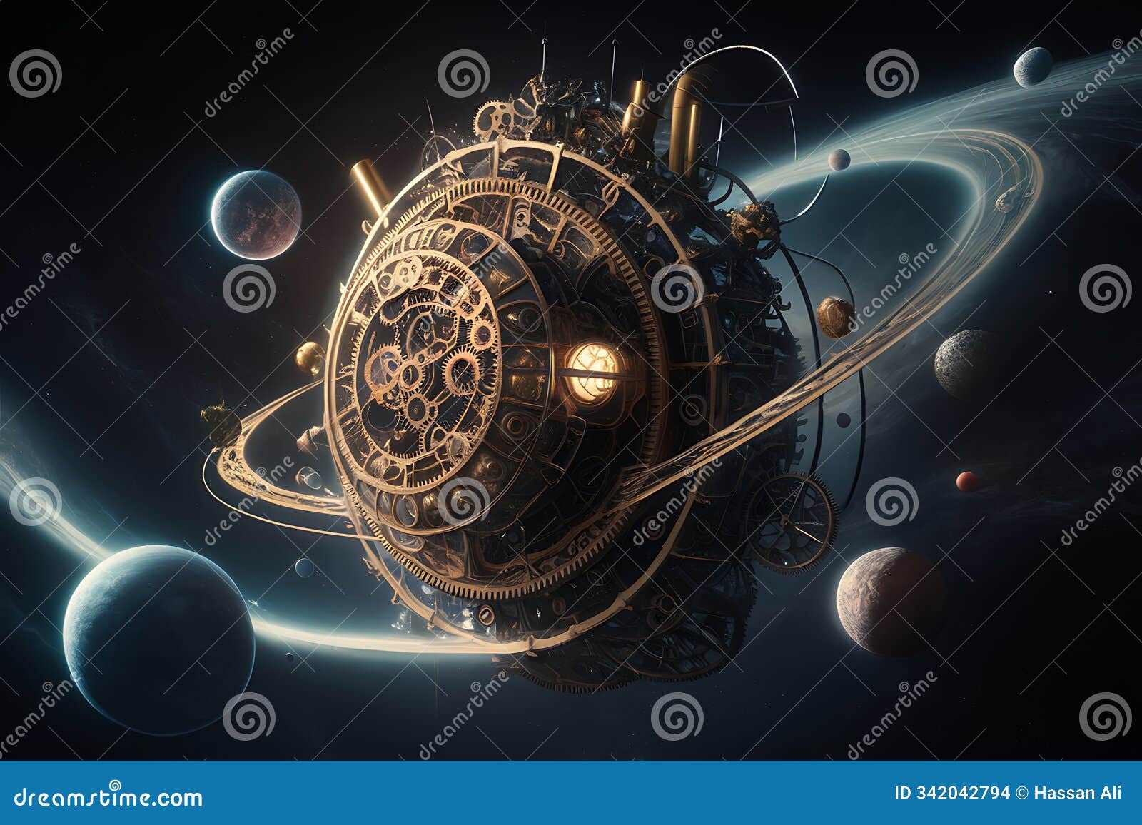 Steampunk Clockwork Planet Orbits Celestial Bodies Stock Illustration ...