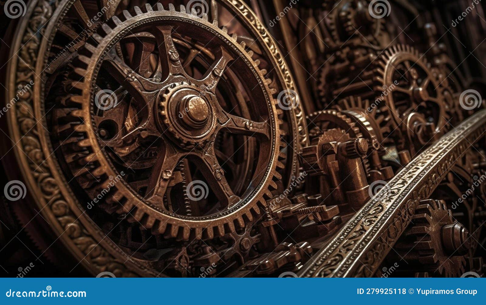 Steampunk Clockworks Turning Inside of Old Metallic Factory Machinery ...