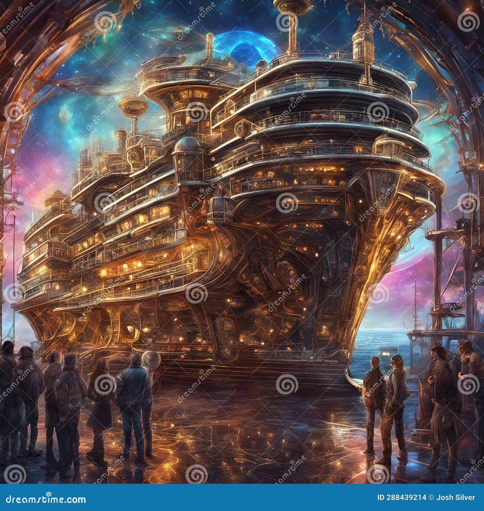 Steampunk cruise ship stock illustration. Illustration of port - 288439214